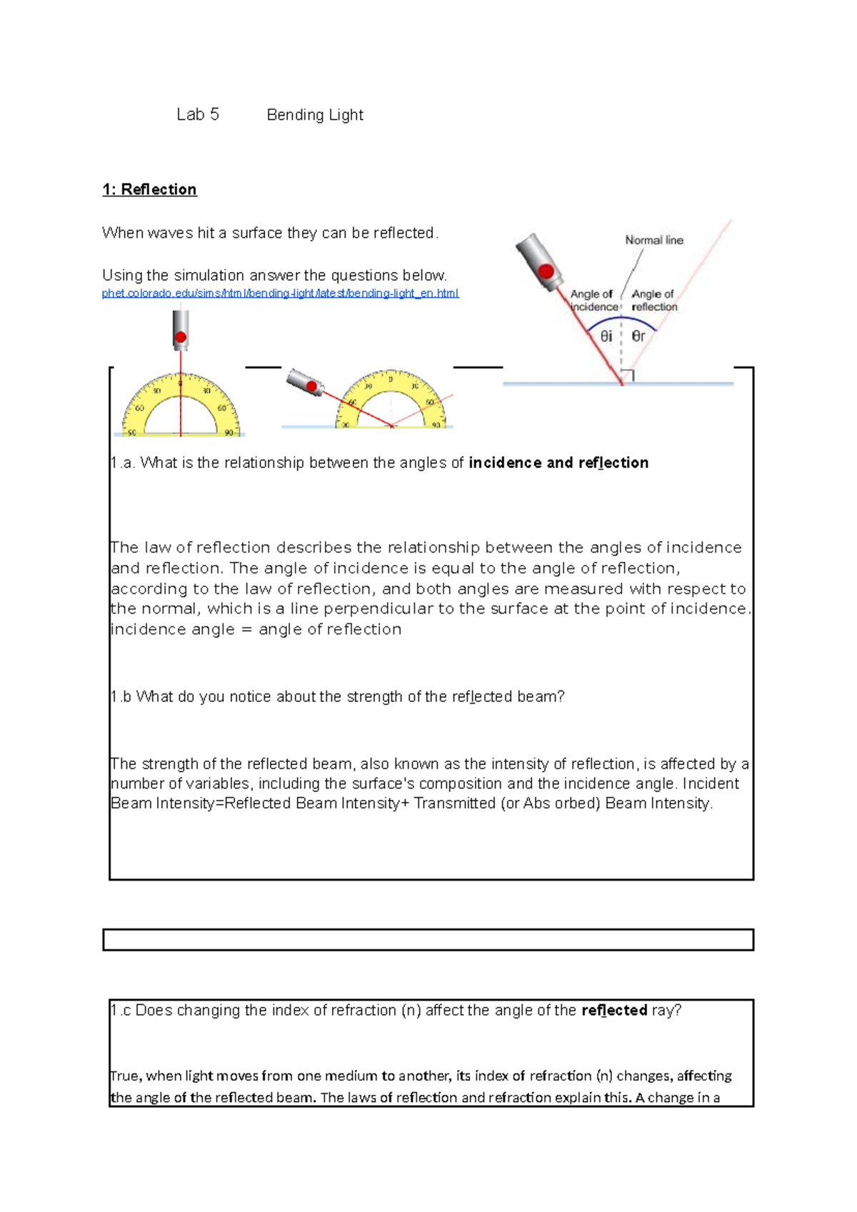 Lab 5: Understanding Bending Light and Reflection Principles - Studocu