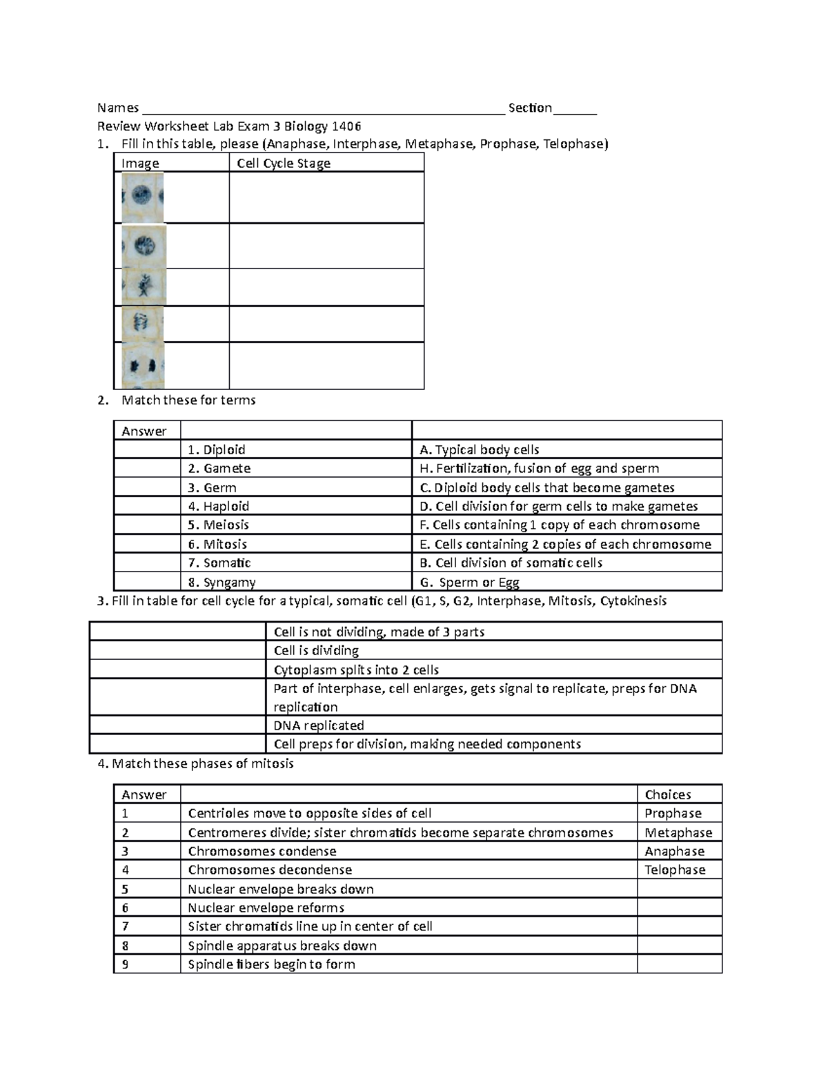 Biology 1406 Lab Exam 3 Review Worksheet Summary - Studocu