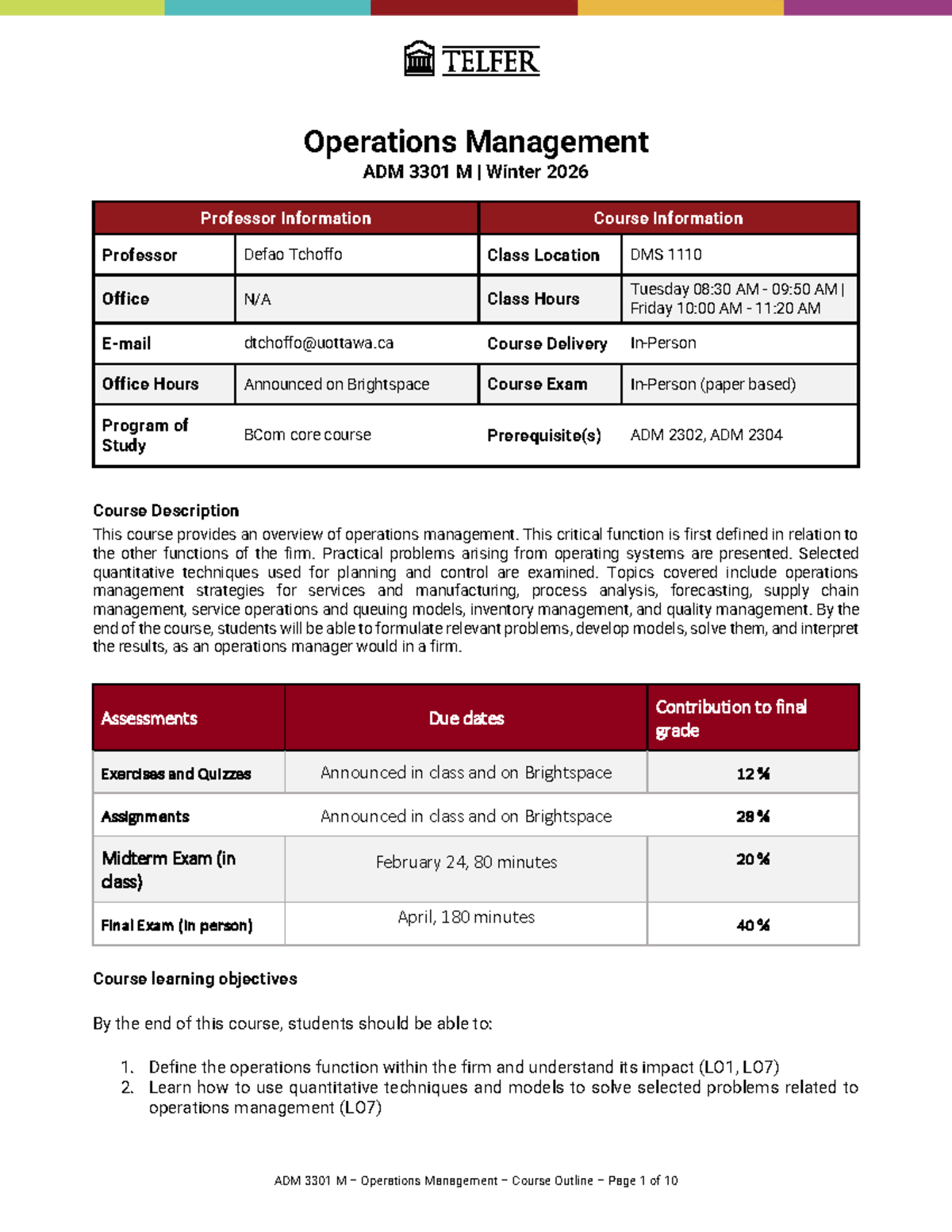 ADM 3301 M Winter 2026 Operations Management Course Syllabus - Studocu