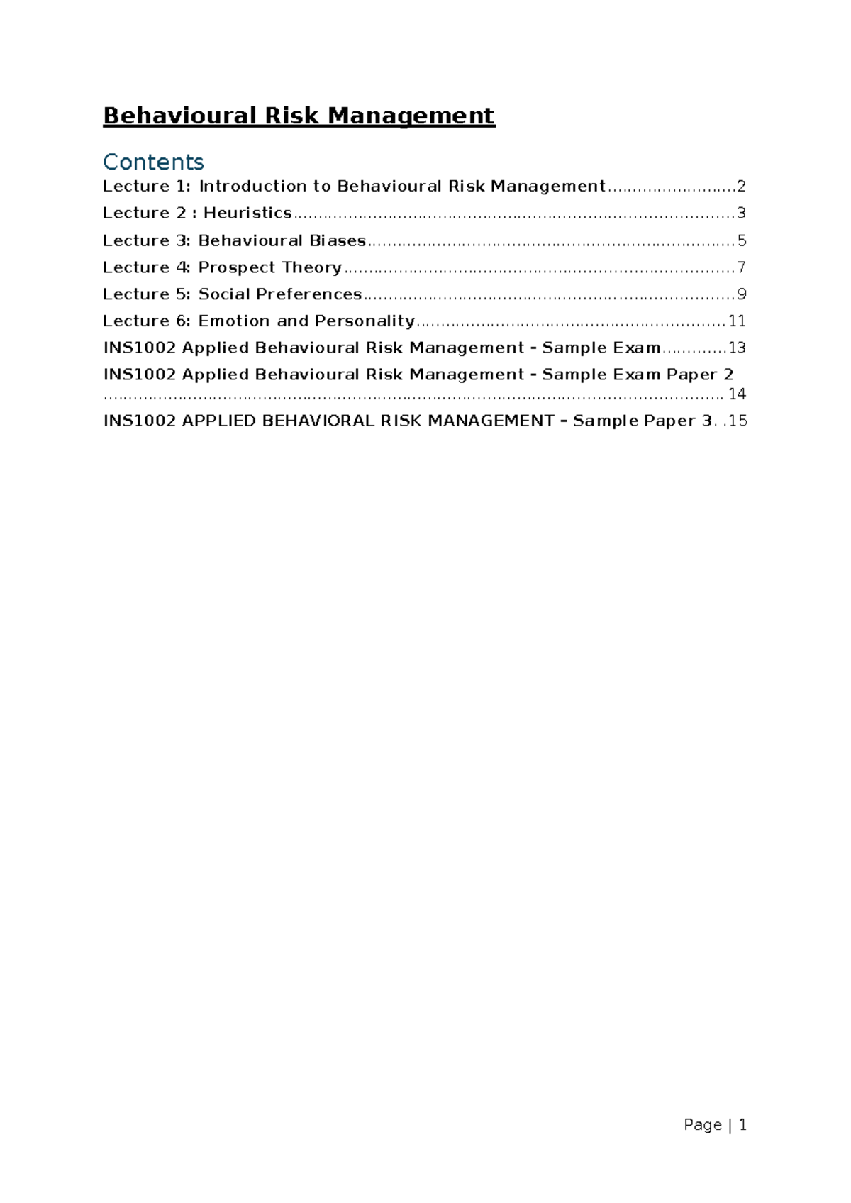 INS1002 Behavioural Risk Management Lecture Notes and Sample Exams ...