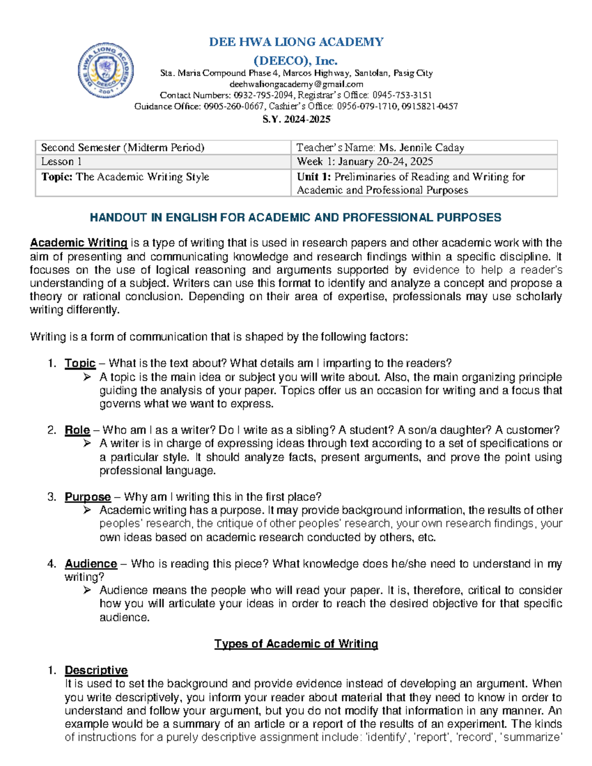 EAPP Midterm Lesson 1 Handouts: Academic Writing Essentials - Studocu