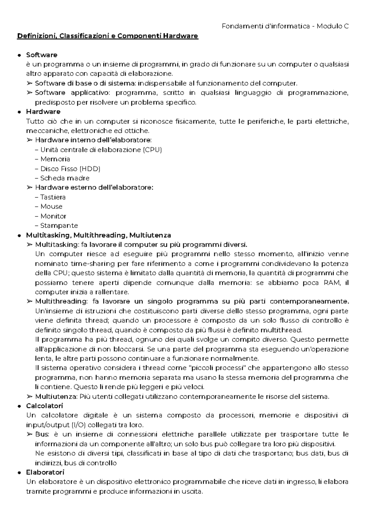 Fondamenti di Informatica Modulo C: Definizioni e Componenti Hardware ...