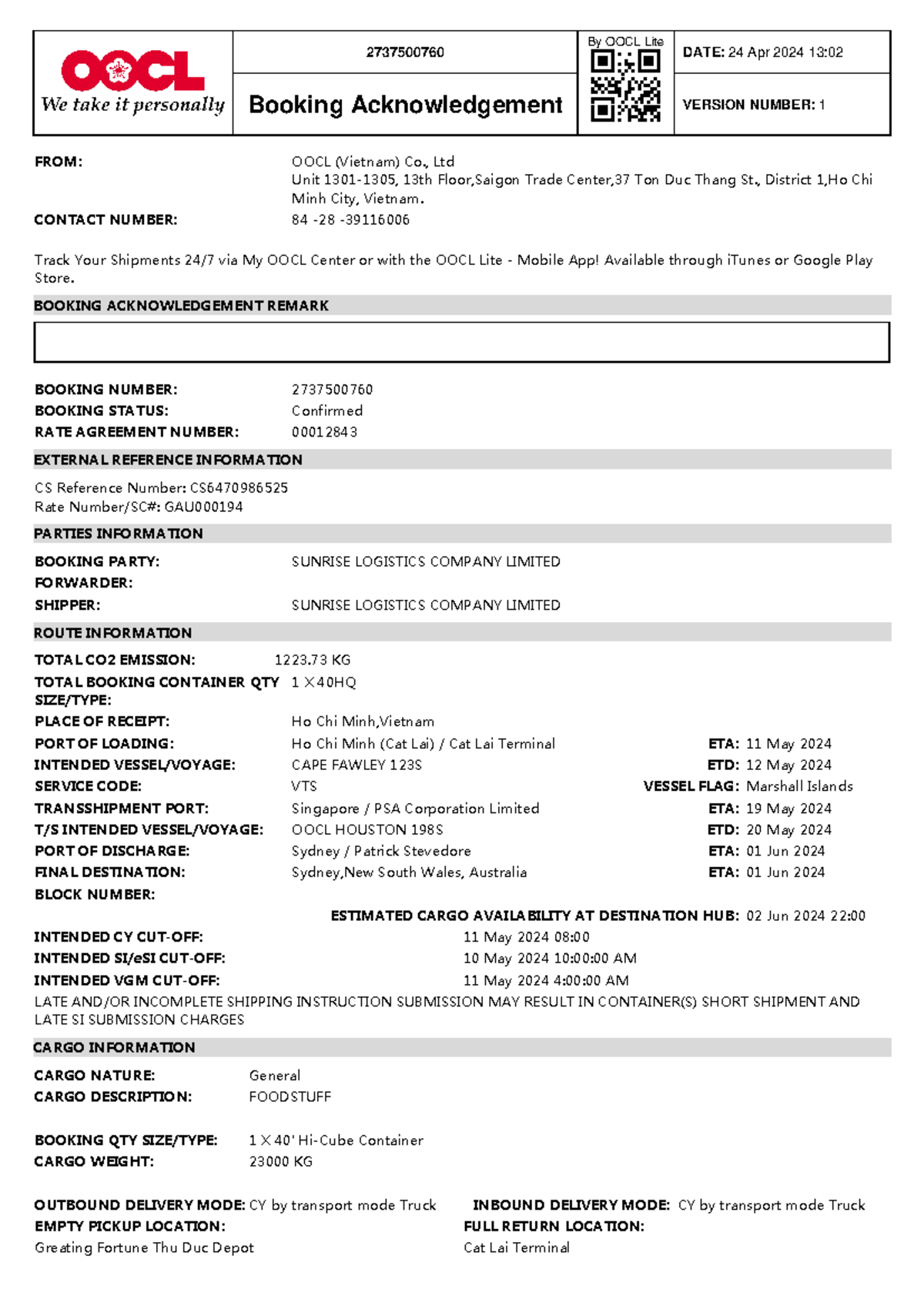 2737500760 - OOCL Booking Acknowledgement Details and Instructions ...