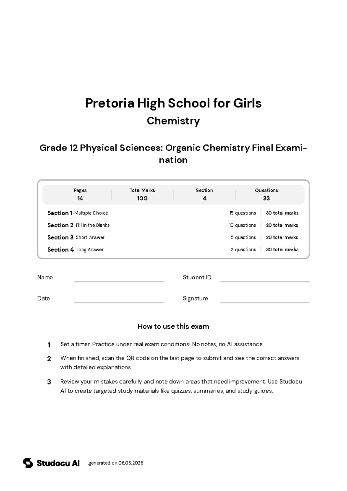 Grade 12 Physical Sciences: Organic Chemistry Final Exam - Studocu