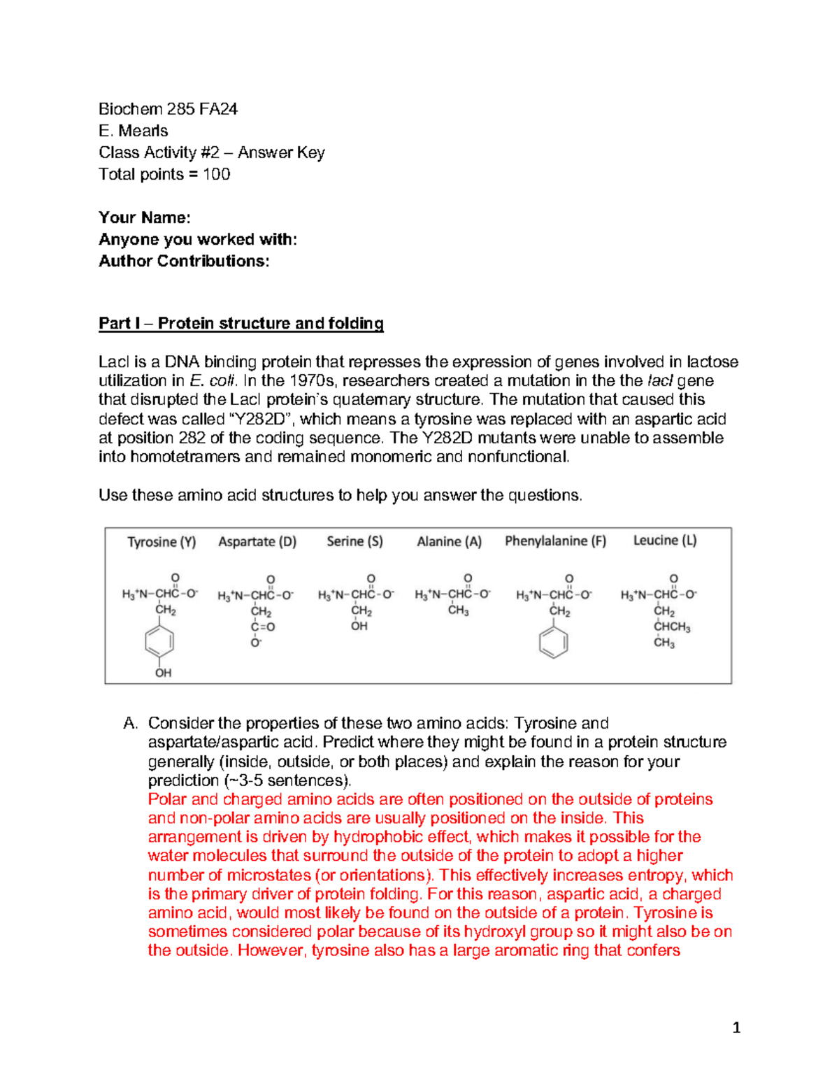 Biochem 285 FA24 Class Activity #2 Answer Key - Studocu