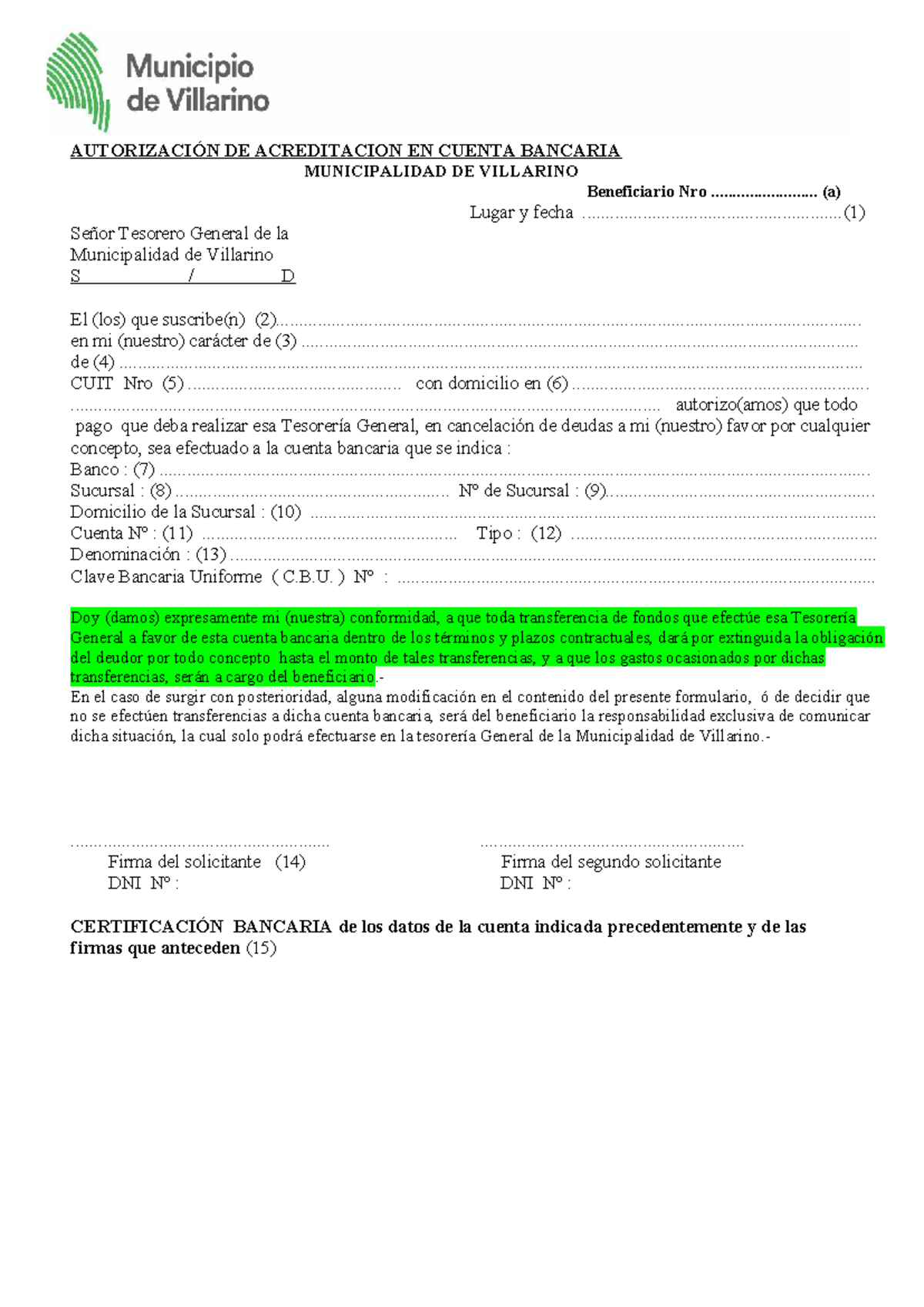 AUTORIZACIÓN DE ACREED. EN CUENTA BANCARIA - MUNICIPALIDAD DE VILLARINO ...