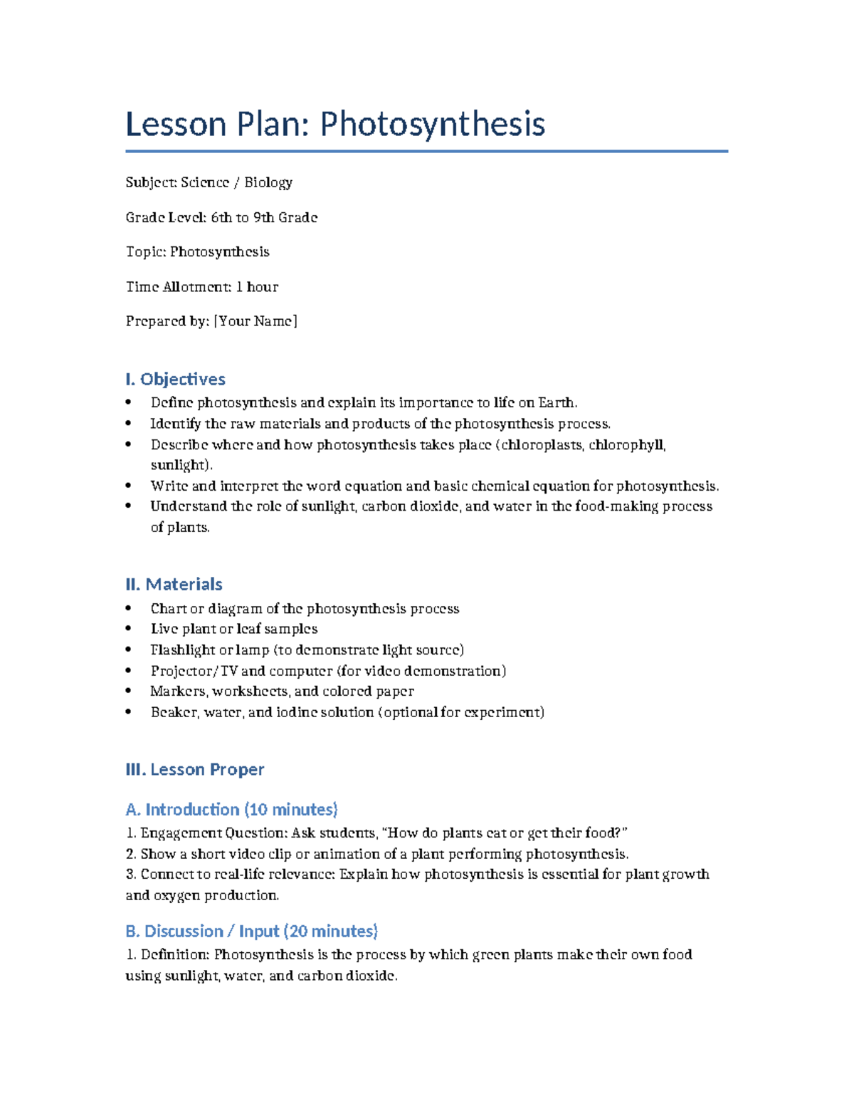 Photosynthesis Lesson Plan for Science (Grades 6-9) - Studocu