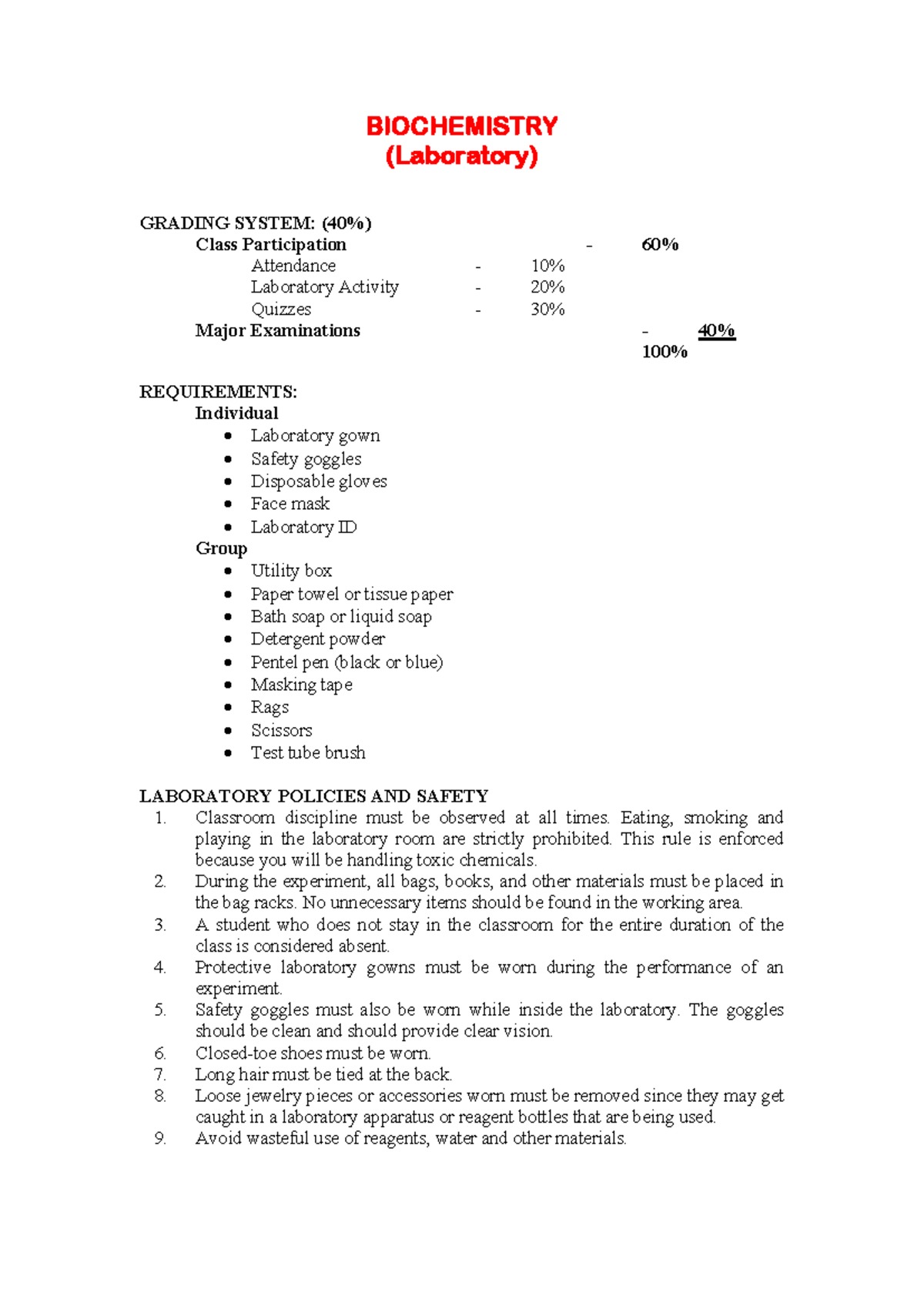 Biochemistry 2: Laboratory Safety and Experiment Guidelines - Studocu
