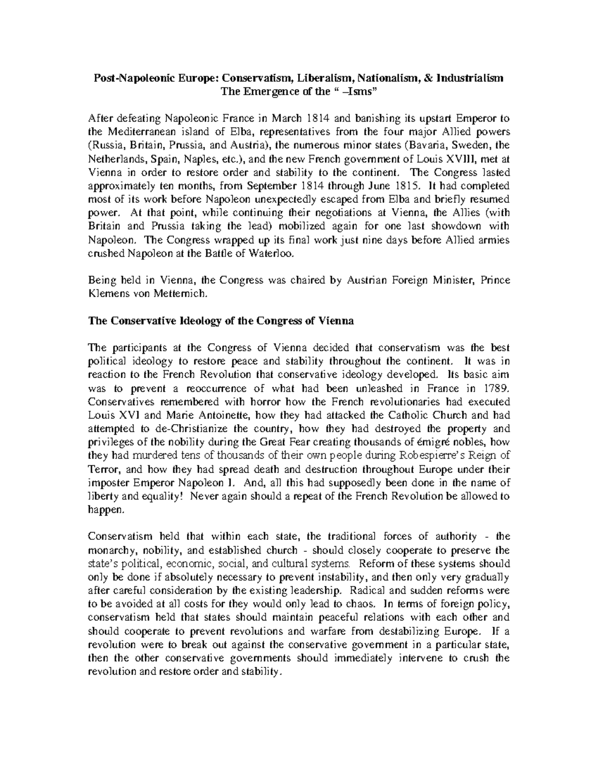 European history notes - Post-Napoleonic Europe: Conservatism ...