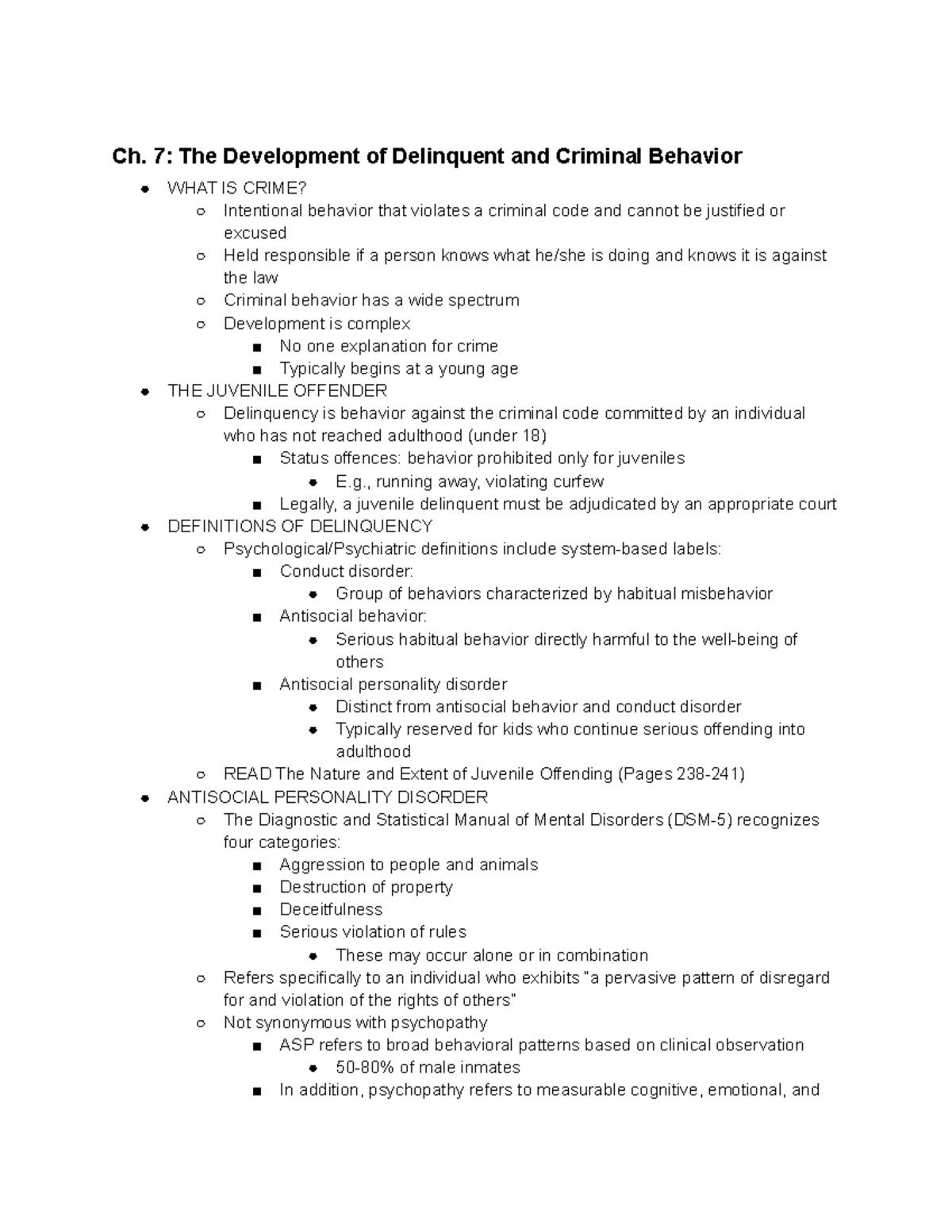 Ch. 7 - Development of Delinquent & Criminal Behavior Notes - Studocu