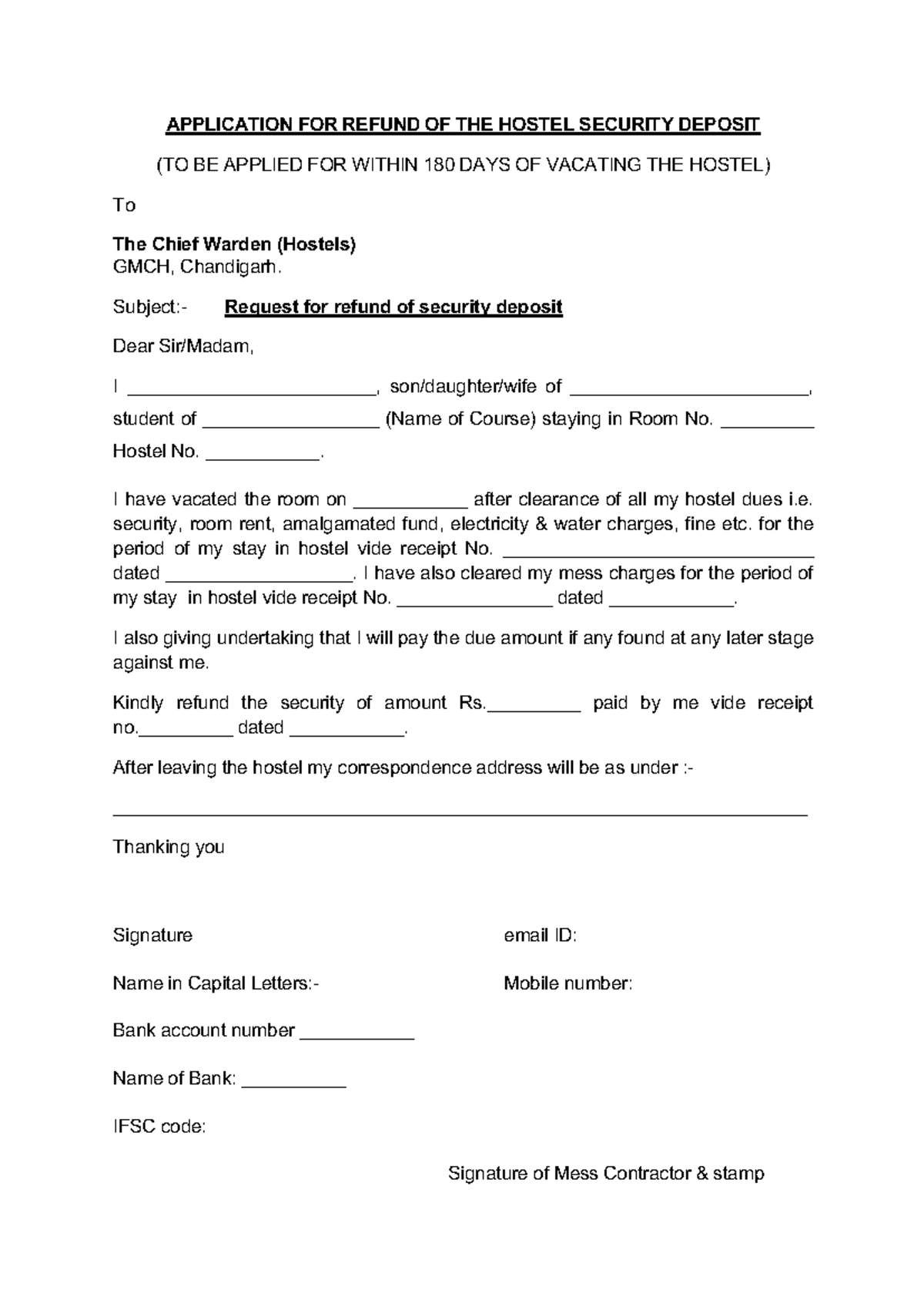 Application FOR Refund OF Hostel Security Deposit - APPLICATION FOR ...