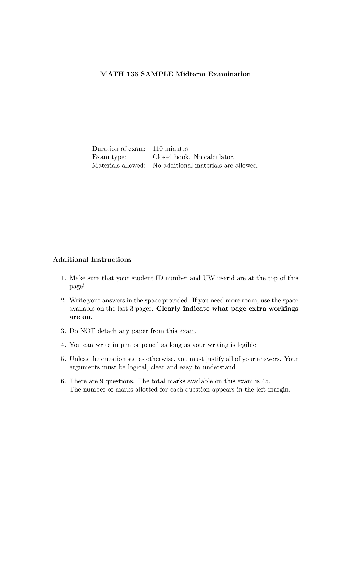 MATH 136 Sample Midterm Exam Guidelines and Questions - Studocu