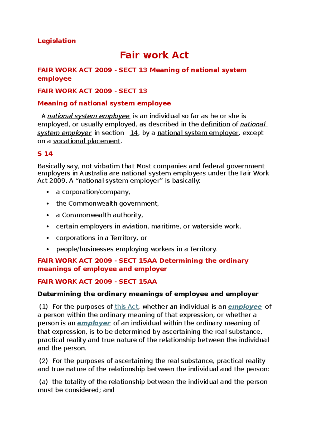 FAIR WORK ACT 2009: Overview of Employee Definitions and Rights - Studocu