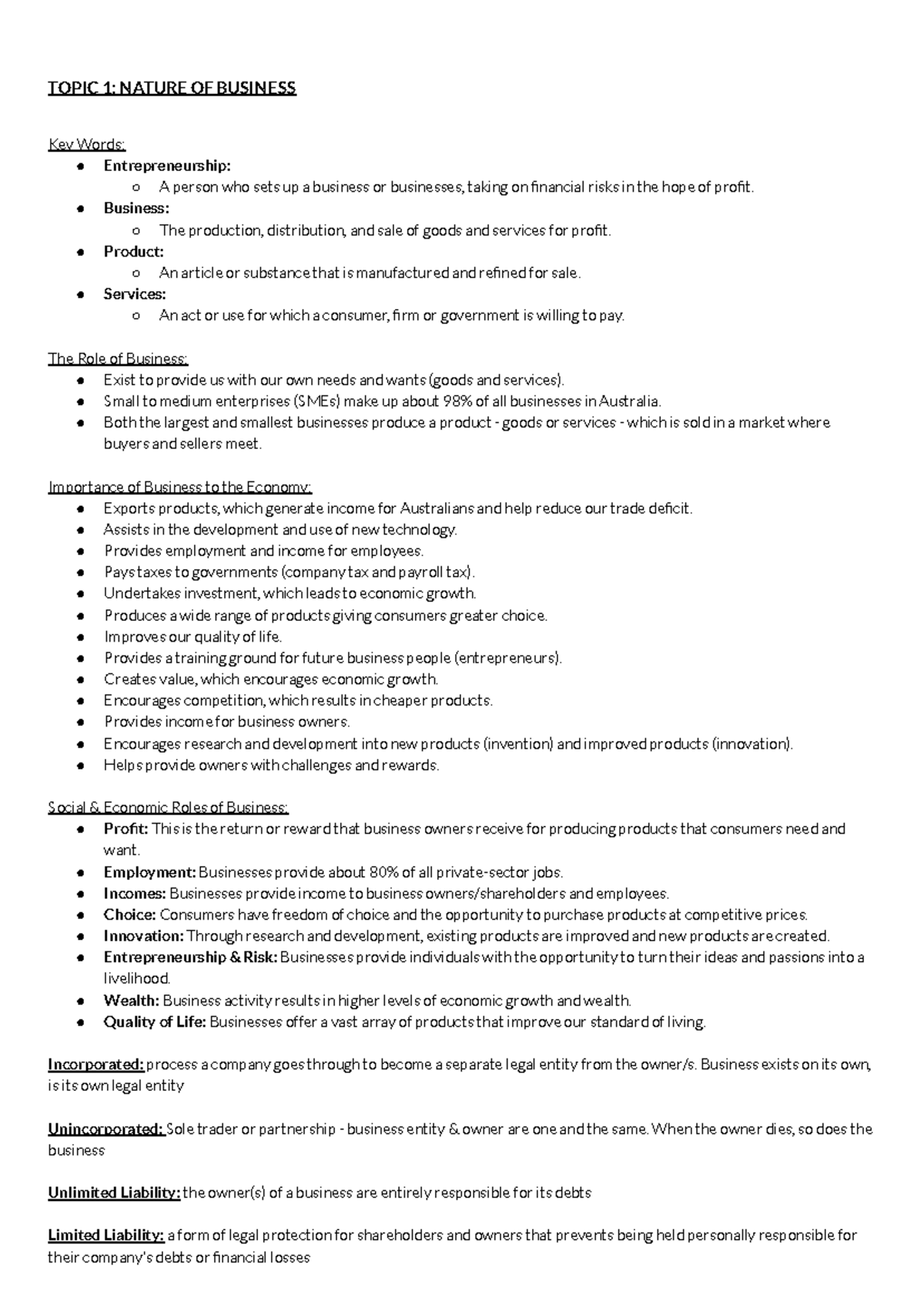 Topic 1 nature of business - TOPIC 1: NATURE OF BUSINESS Key Words ...