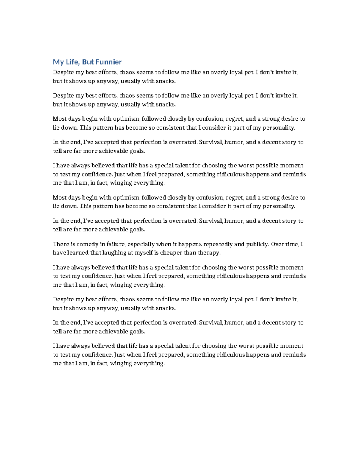 My Life, But Funnier: Embracing Chaos and Humor - Studocu