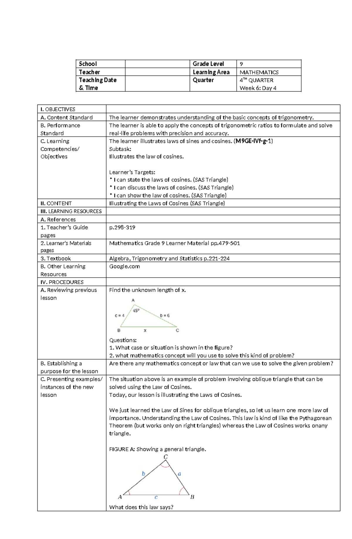 Grade 9 Mathematics Lesson Plan: Laws of Cosines (Week 6, Day 4) - Studocu