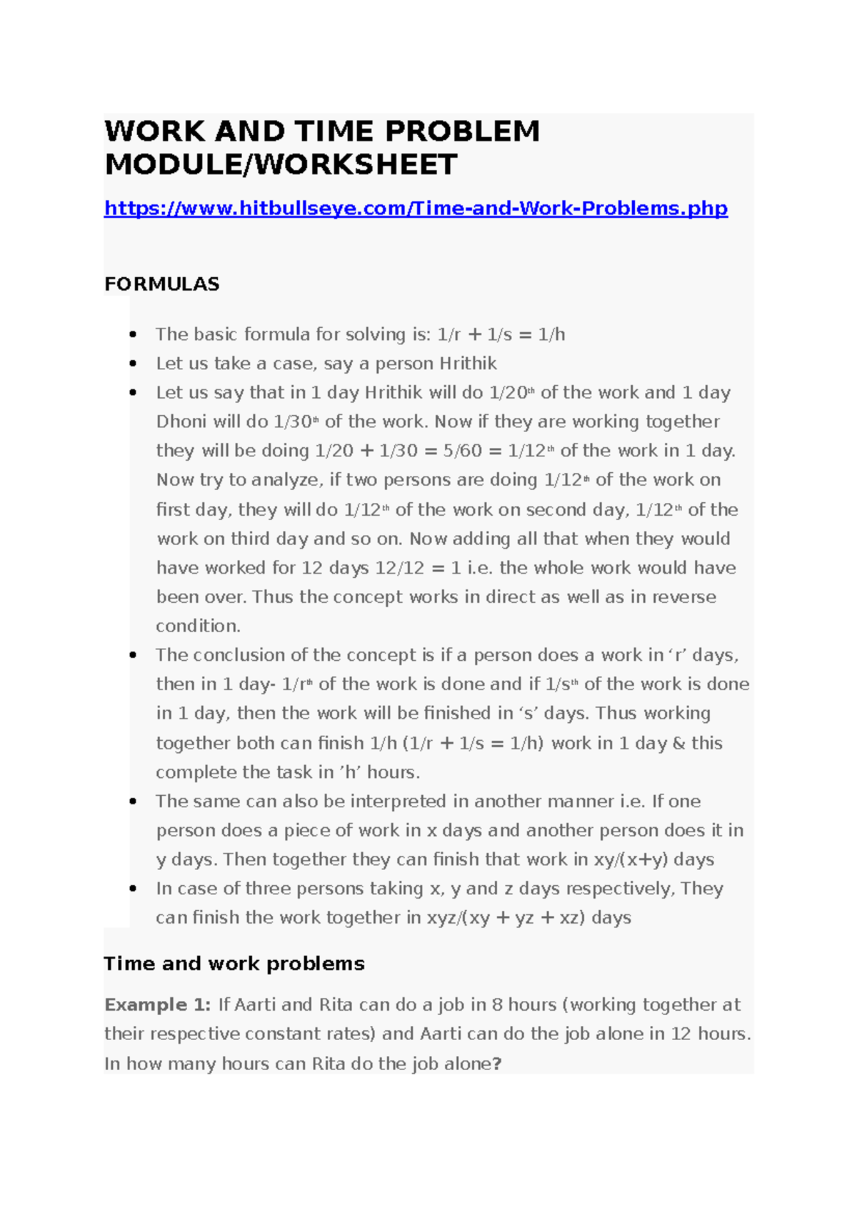 WORK AND TIME Problem Module Worksheet - WORK AND TIME PROBLEM MODULE ...