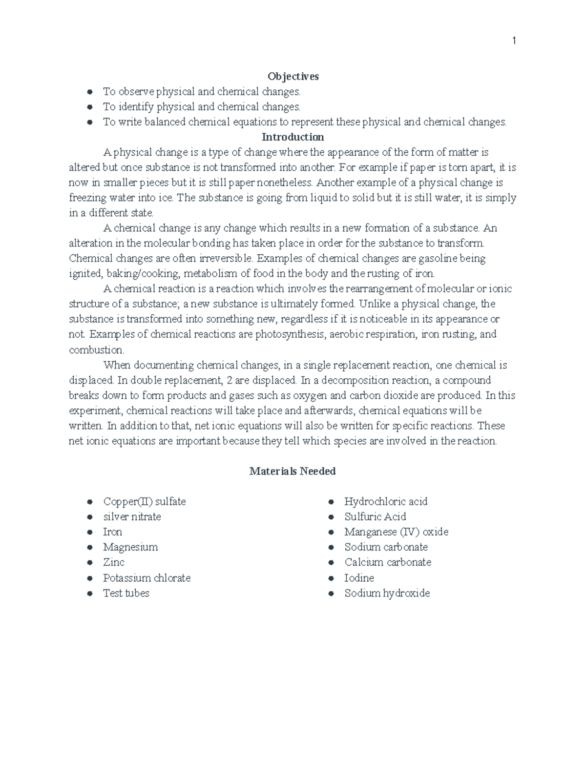 Lab Report Chemical and Physical changes - Objectives To observe ...