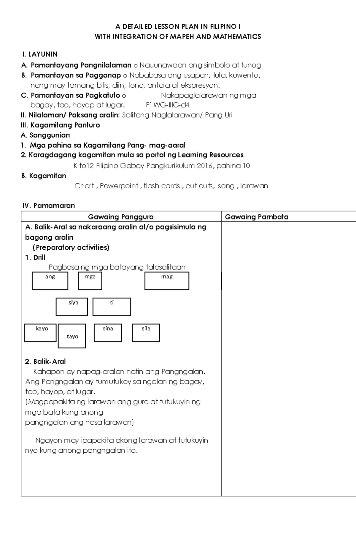 Filipino 1 - Lesson Plan on Pang-uri with MAPEH & Math Integration ...