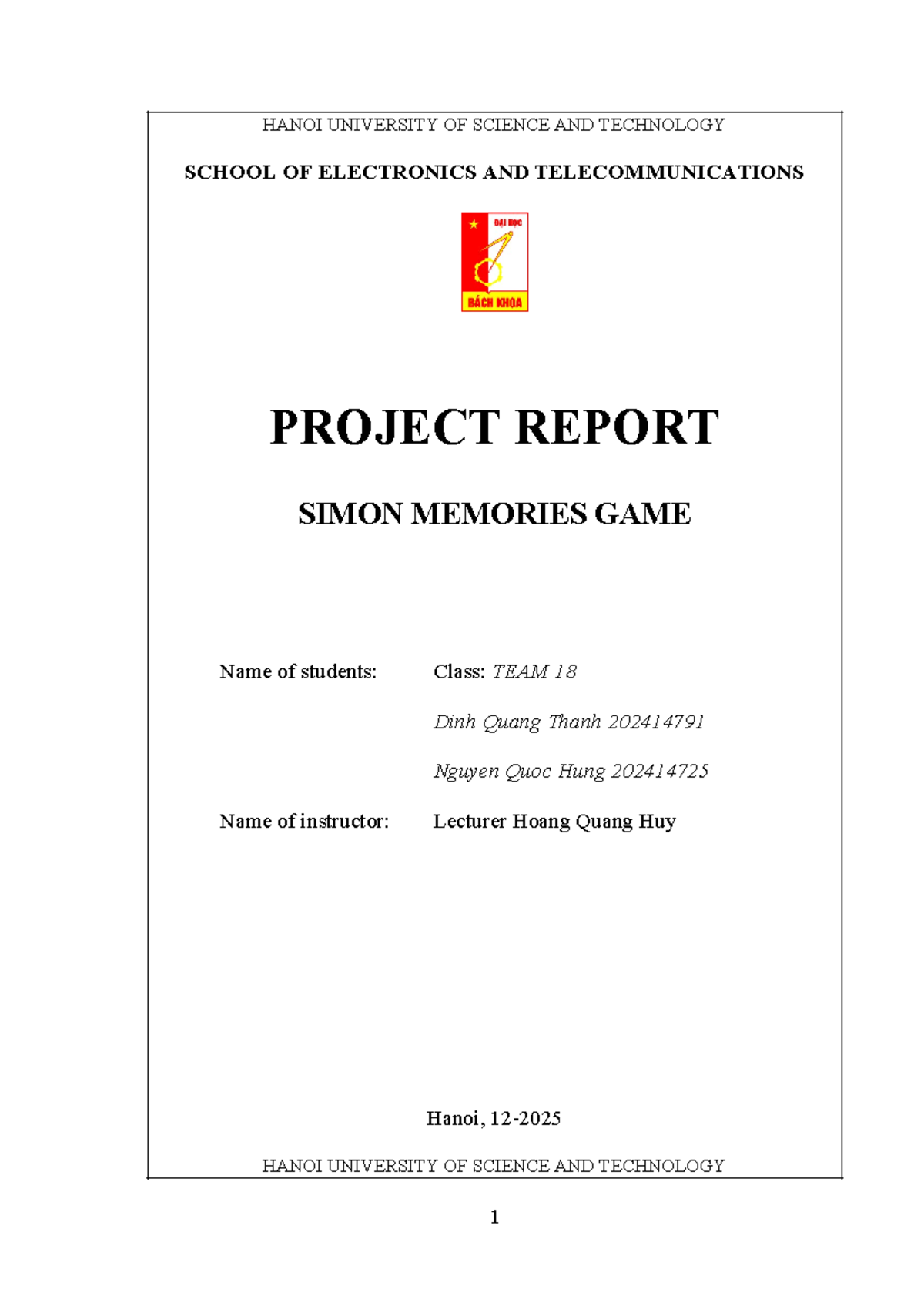 HUST-ET Project Report: Simon Memory Game Development - Studocu