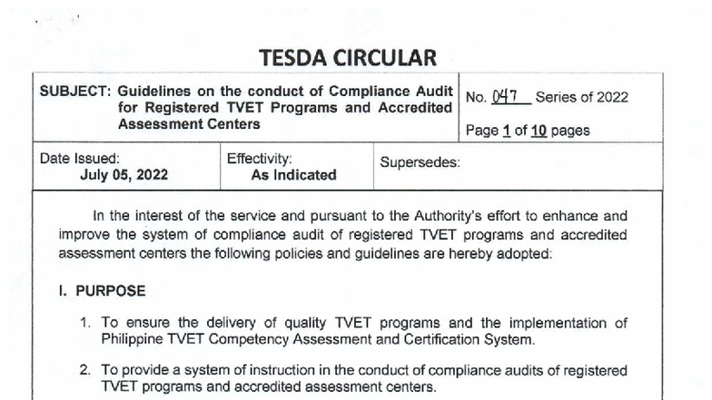TESDA Circular No. 047-2022: Compliance Audit Guidelines for TVET ...