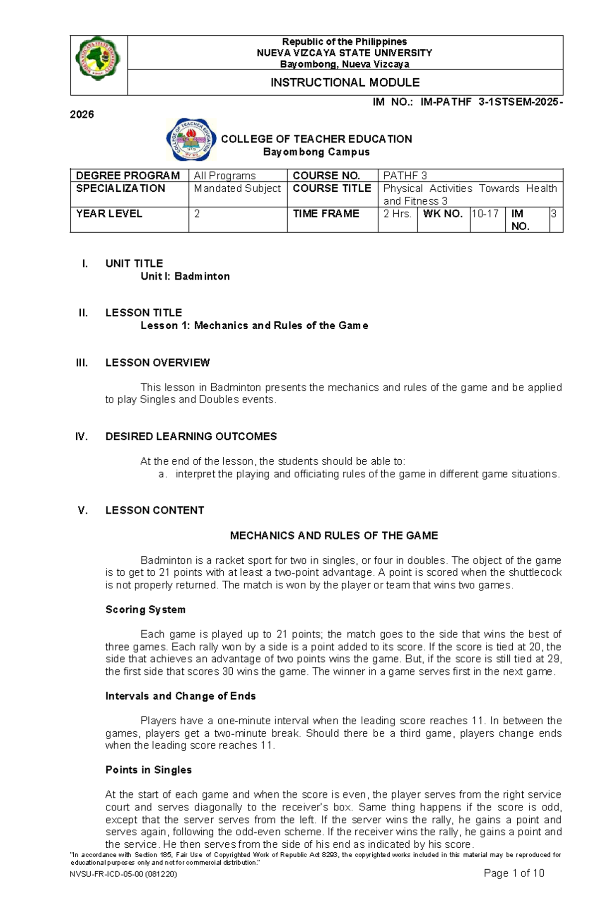 NUEVA VIZCAYA STATE UNIVERSITY PATHF 3 Badminton Mechanics & Rules ...