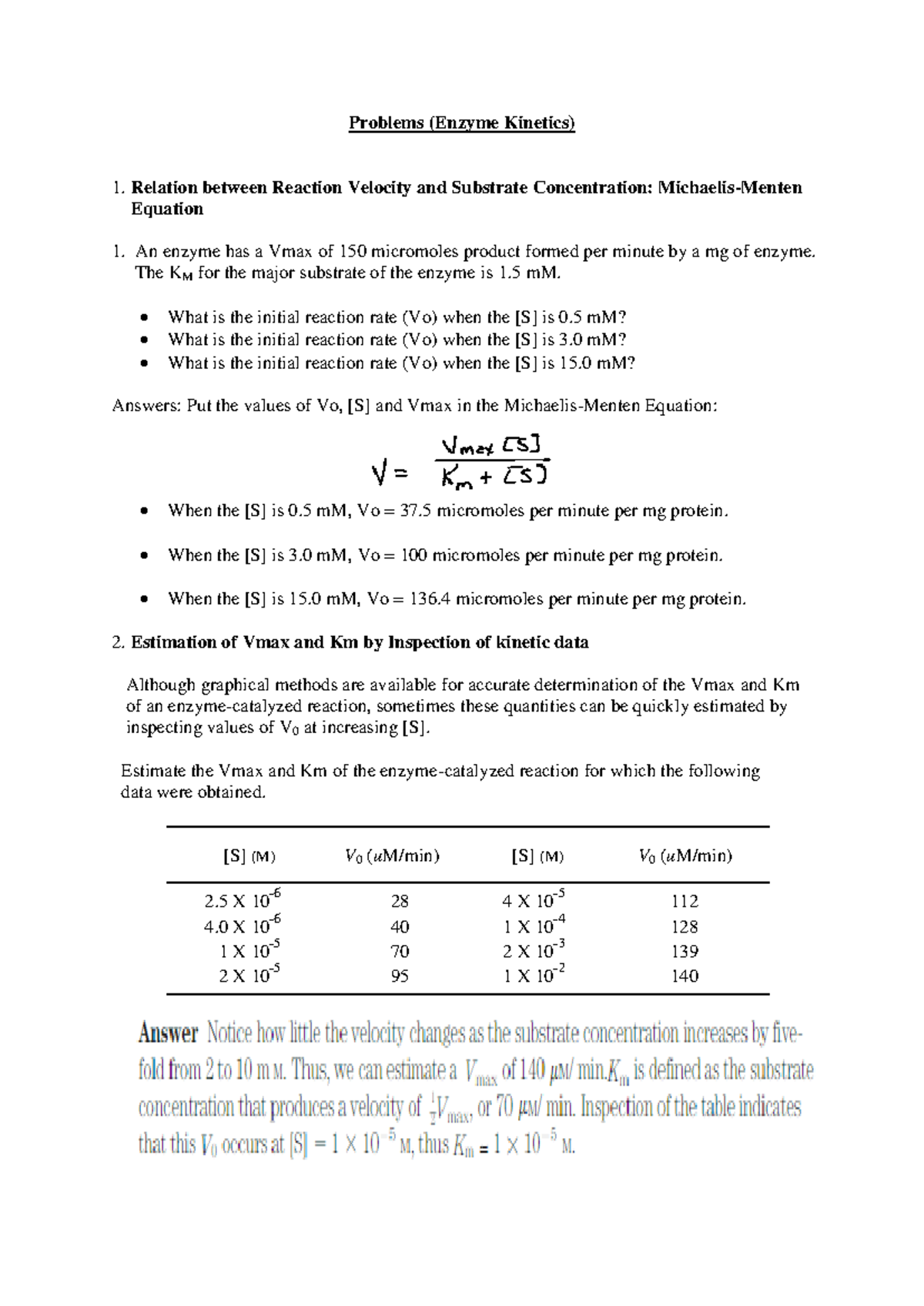 Enzyme Kinetics Problems & Solutions for Chapter Study - Studocu