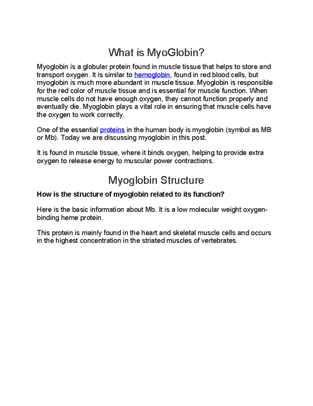 Myoglobin - Lecture Notes on Structure and Function - Studocu