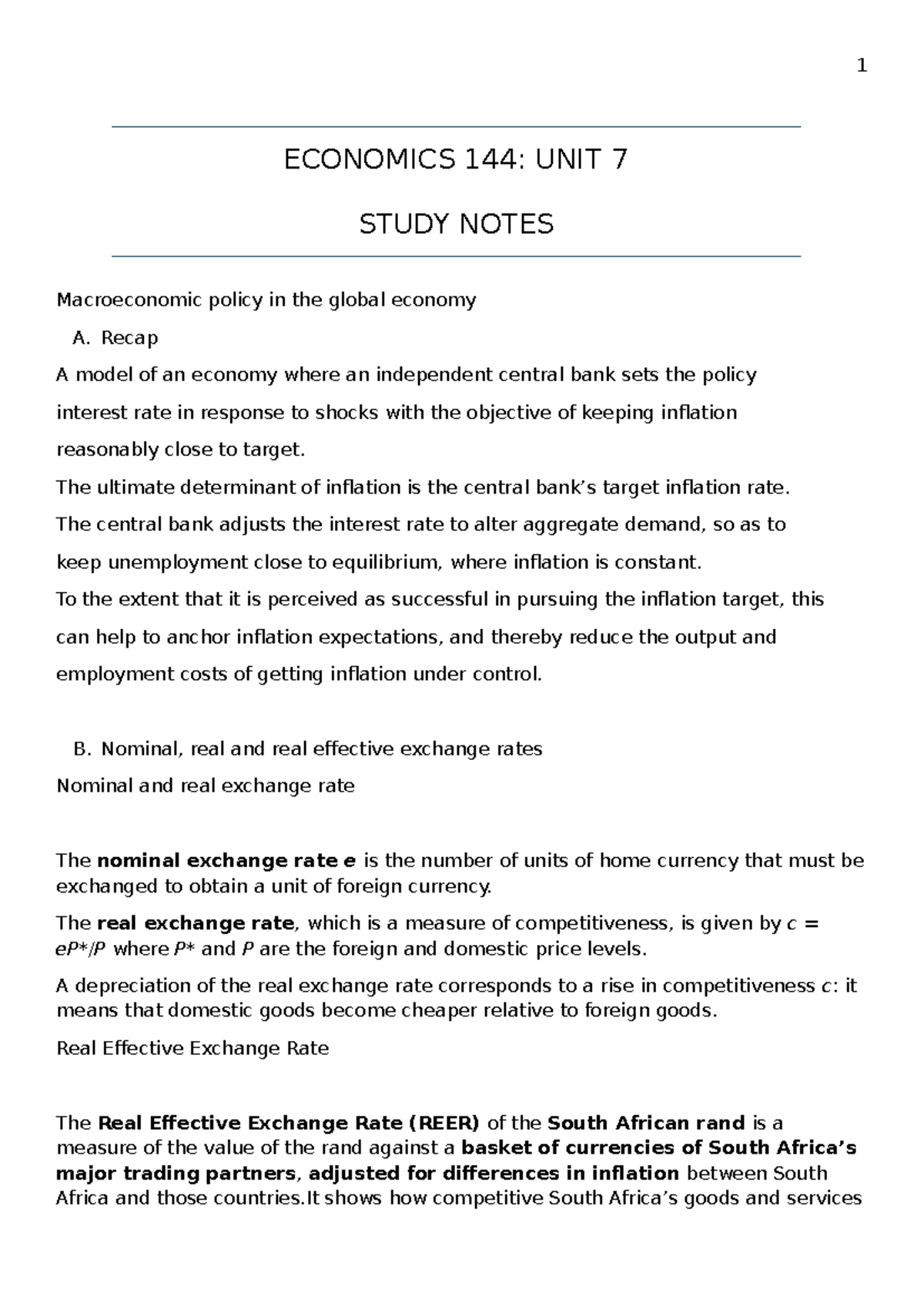 Economics 144: Unit 7 Study Notes on Exchange Rate Regimes & Monetary ...