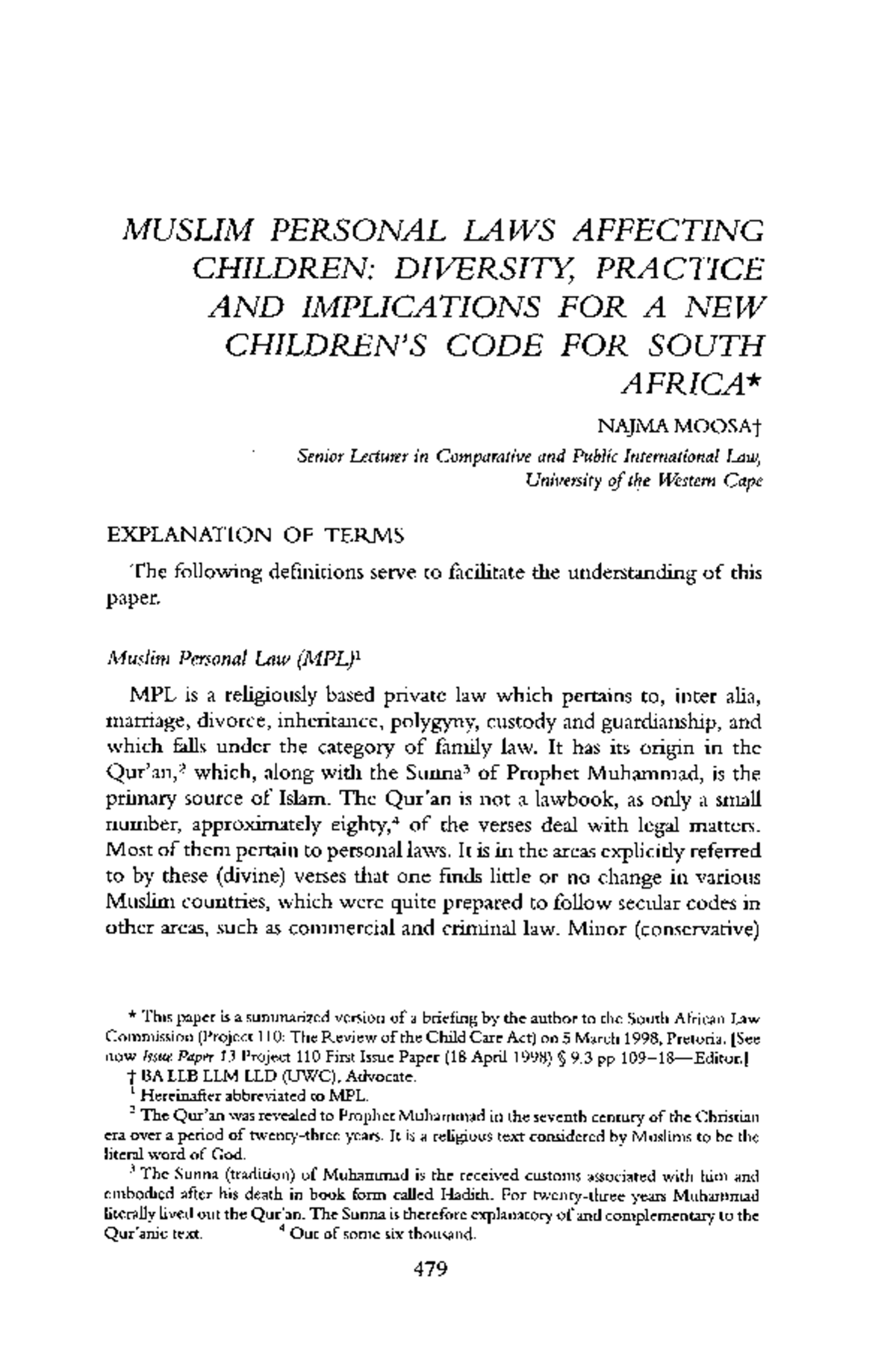 MUSLIM PERSONAL LAWS AFFECTING CHILDREN: RIGHTS AND REFORM IN SA (1998 ...