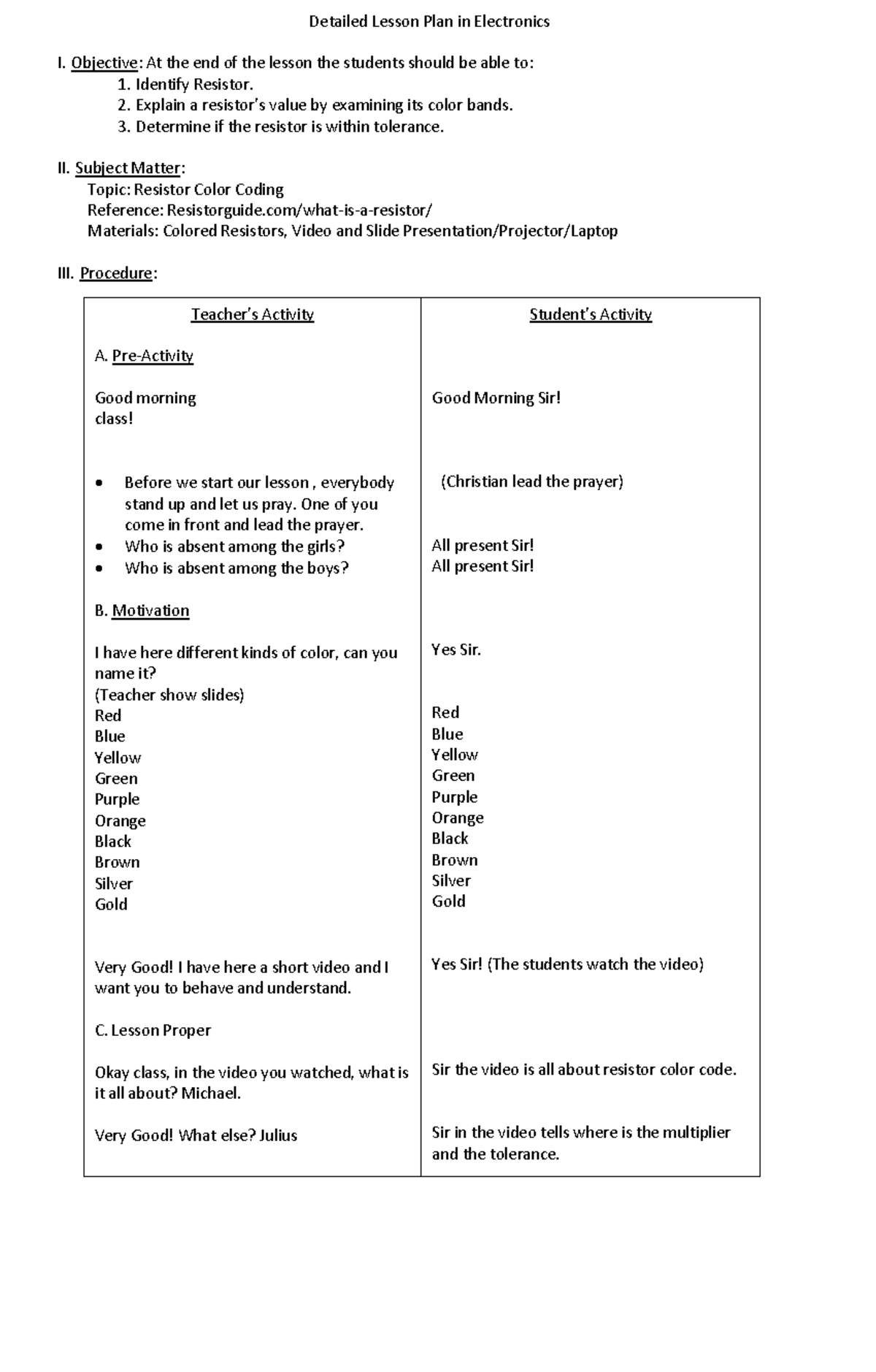 ELECTRONICS LESSON PLAN: UNDERSTANDING RESISTOR COLOR CODING - Studocu