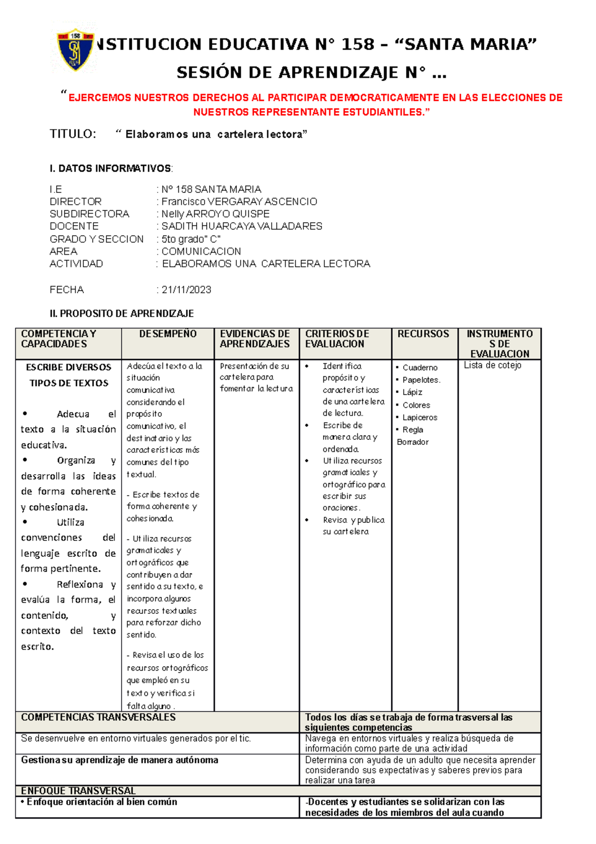 Sesión de Aprendizaje N° 158: Elaboración de Cartelera Lectora - Studocu