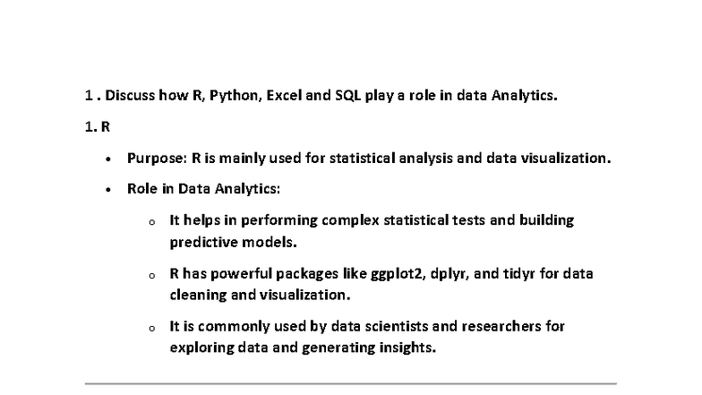 Co1 - DSML: Role of R, Python, Excel, and SQL in Data Analytics - Studocu