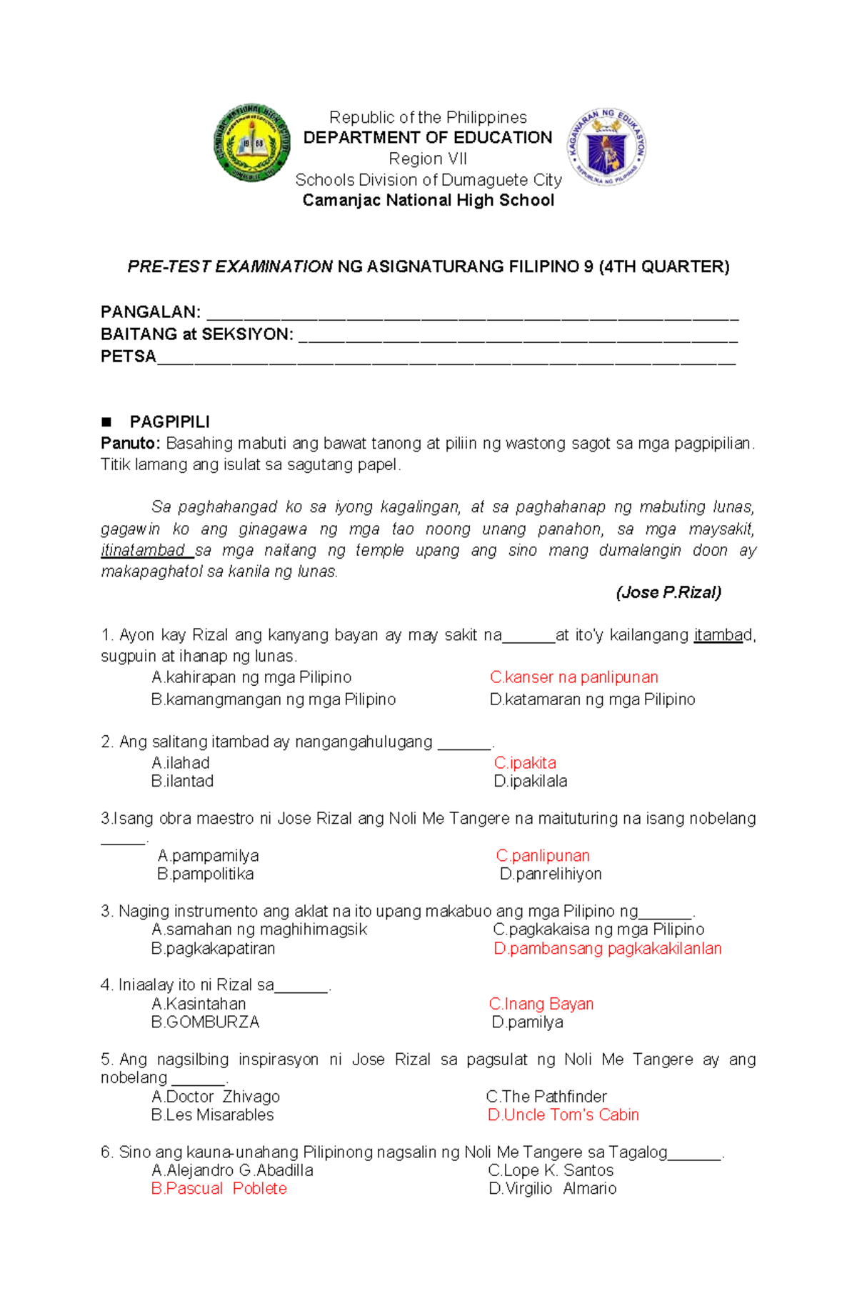 PRE-TEST EXAM FILIPINO 9 (4TH QTR) WITH ANSWER KEY - Studocu