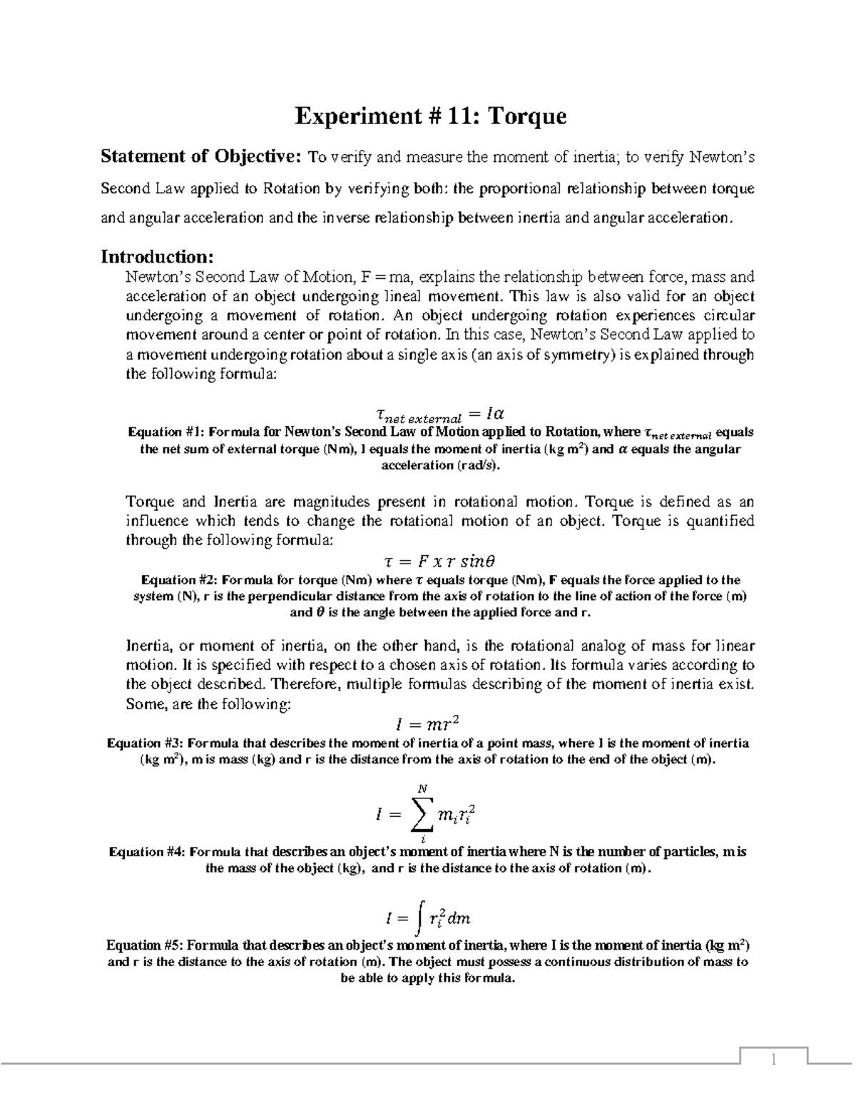 Lab11 - Lab Report - 1 Experiment # 11: Torque Statement of Objective: To verify and measure the ...