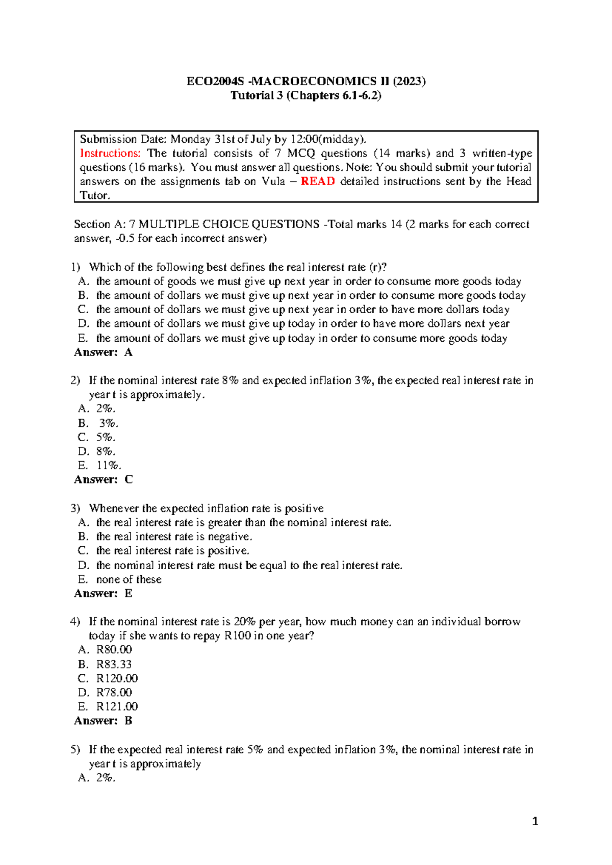Tutorial 3 Solution.pdf - 1 ECO2004S -MACROECONOMICS II (2023) Tutorial ...