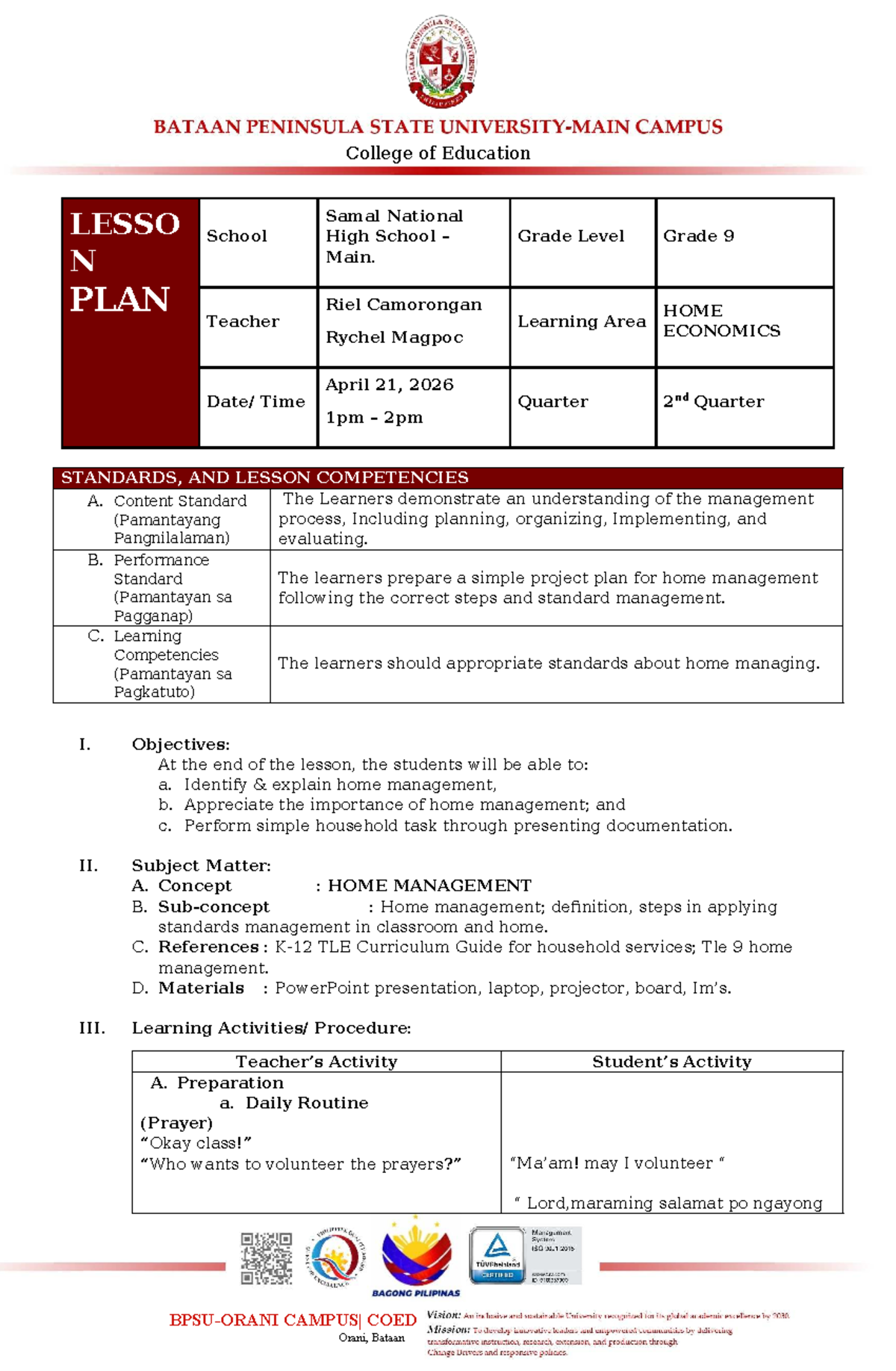 BPSU Detailed Lesson Plan: Home Management for Grade 9 - Studocu
