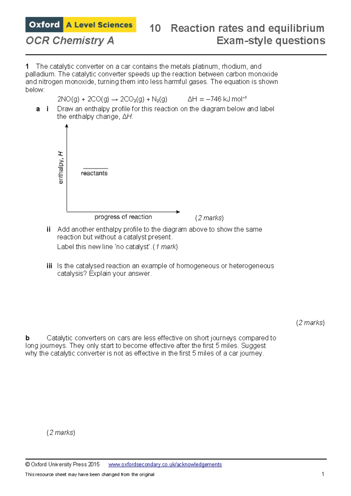 OCR Chemistry A 10: Reaction Rates & Equilibrium Questions - Studocu