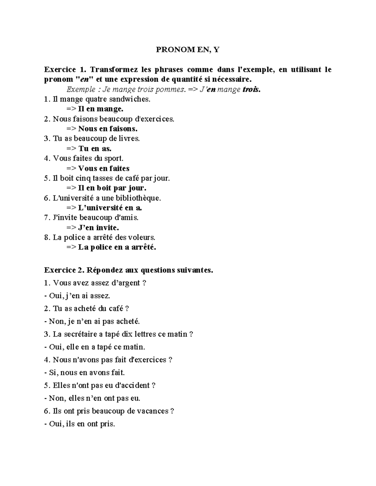 Pronom En et Y - Exercices Pratiques pour le Français - Studocu