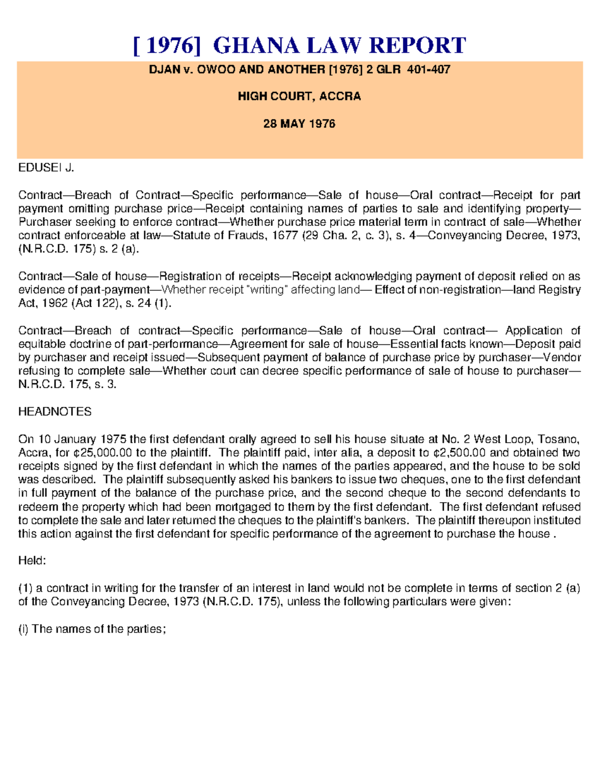GHANA LAW REPORT: DJAN v. OWOO & ANOTHER - Specific Performance Case ...
