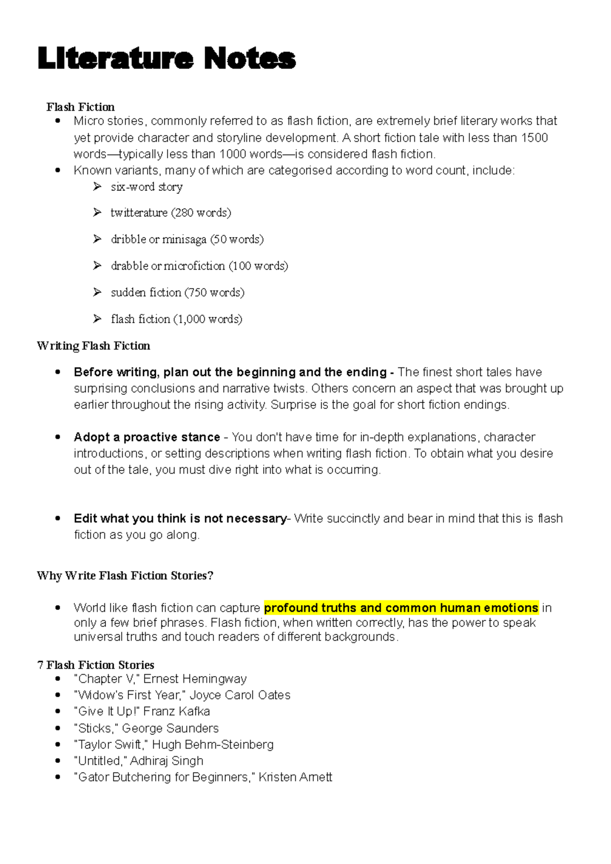 Literature- Flash fiction and Fiction - Literature Notes Flash Fiction ...