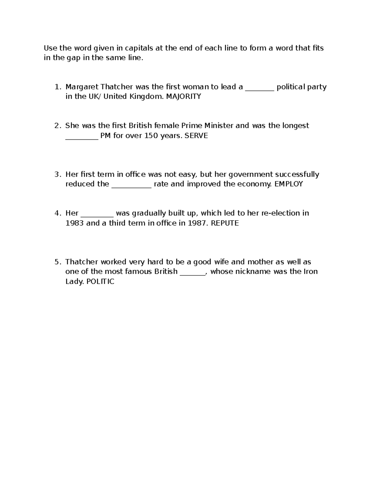 Unit 6 - Word Formation Exercise on Margaret Thatcher's Leadership ...
