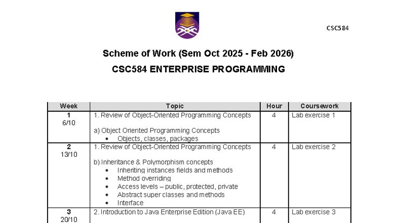 CSC584 Scheme of Work: Enterprise Programming (Oct 2025 - Feb 2026) - Studocu