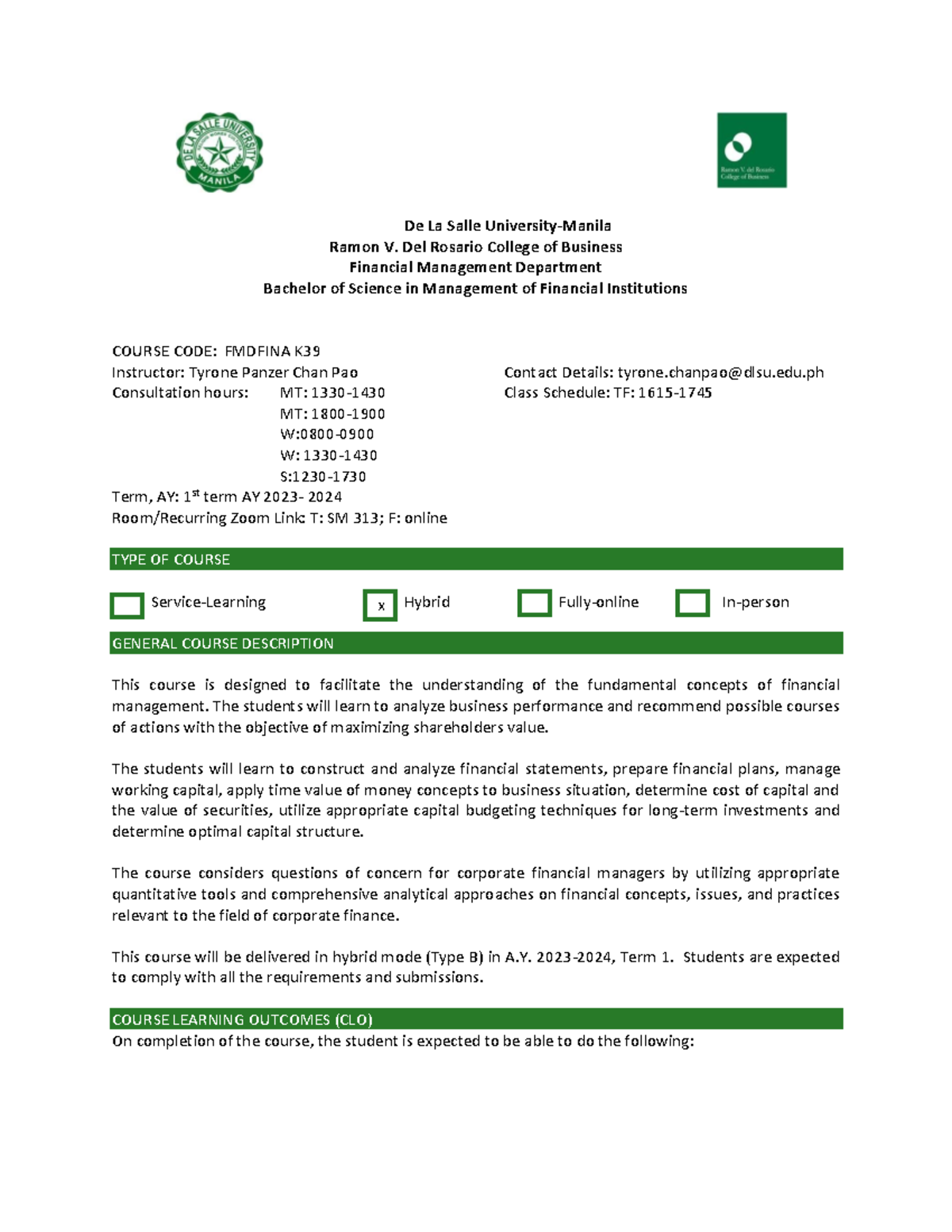 FMDFINA K39 Financial Management Syllabus for AY 2023-2024 Term 1 - Studocu