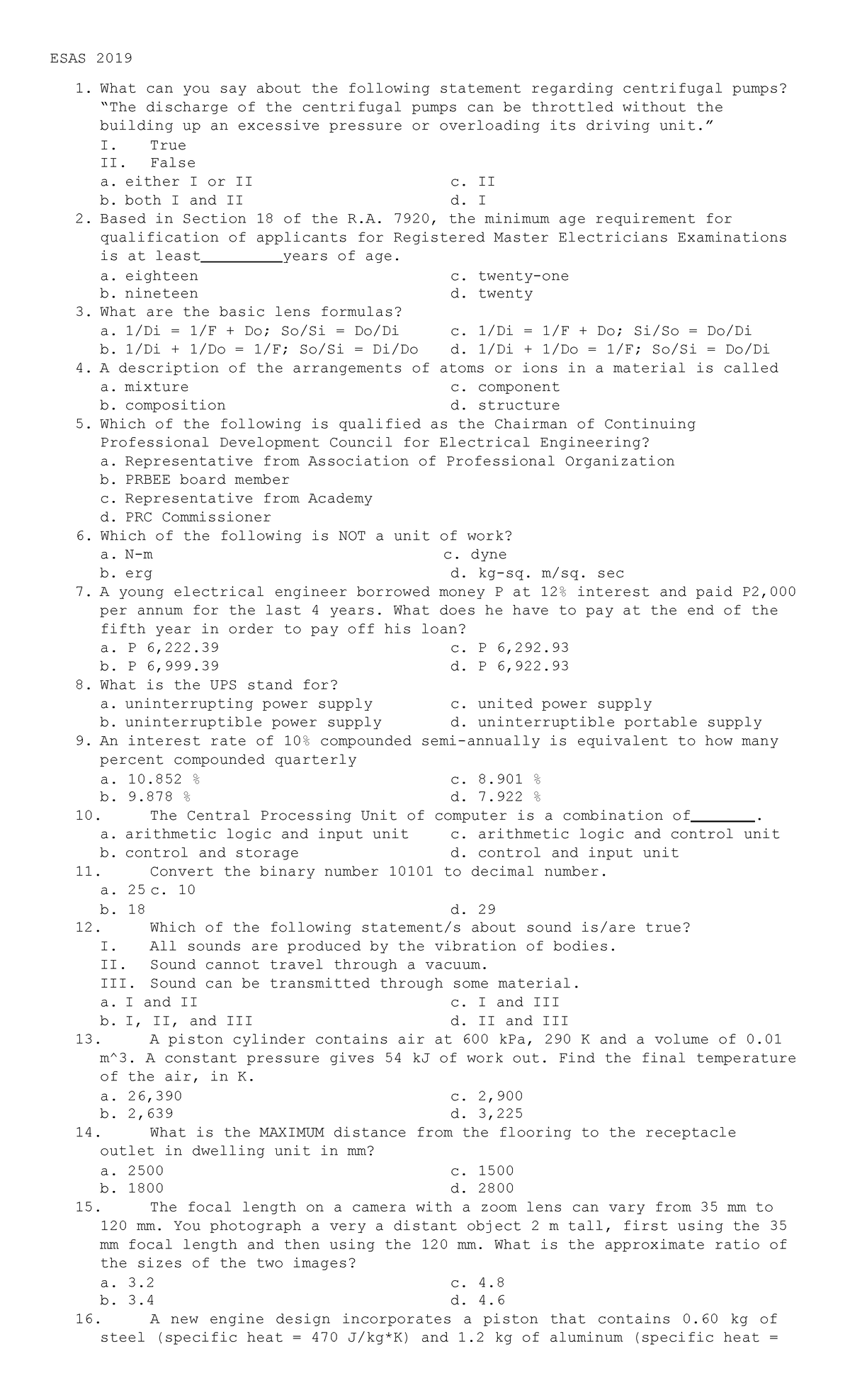 ESAS 2019 Review Questions and Answers for Electrical Engineering - Studocu
