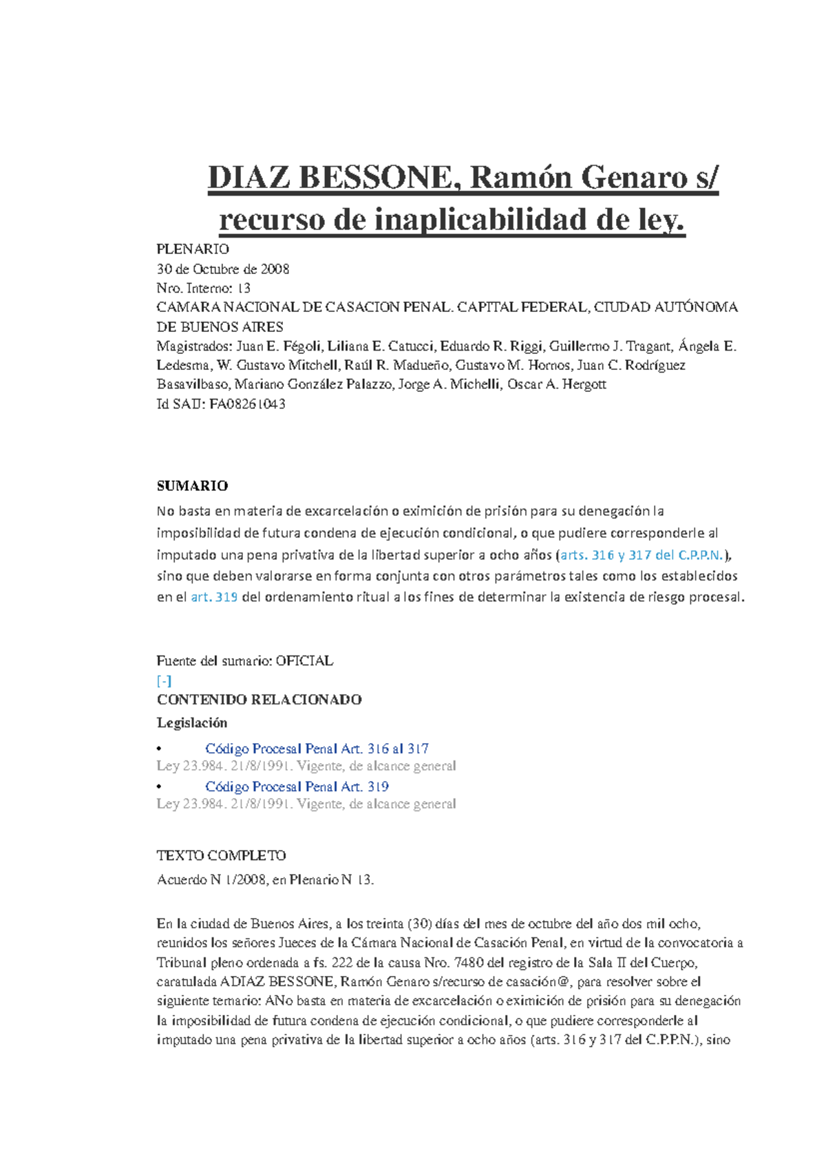 DIAZ Bessone s/ Recurso de Inaplicabilidad de Ley - Caso 7480 - Studocu