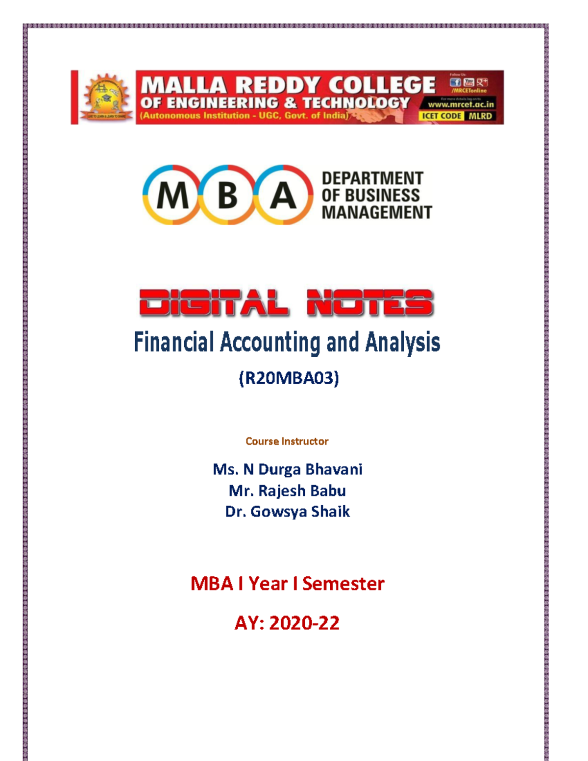 Financial Accounting and Analysis Notes (R20MBA03) - MBA I Year - Studocu