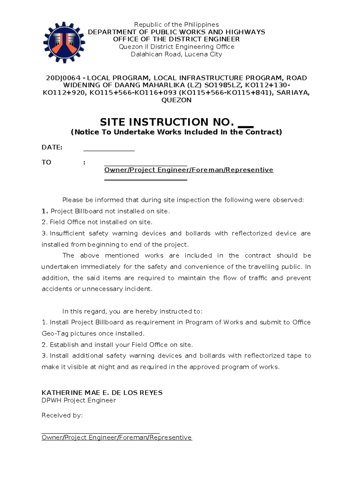 Site Instruction 2026: DPWH Road Widening Project SO1985LZ - Studocu