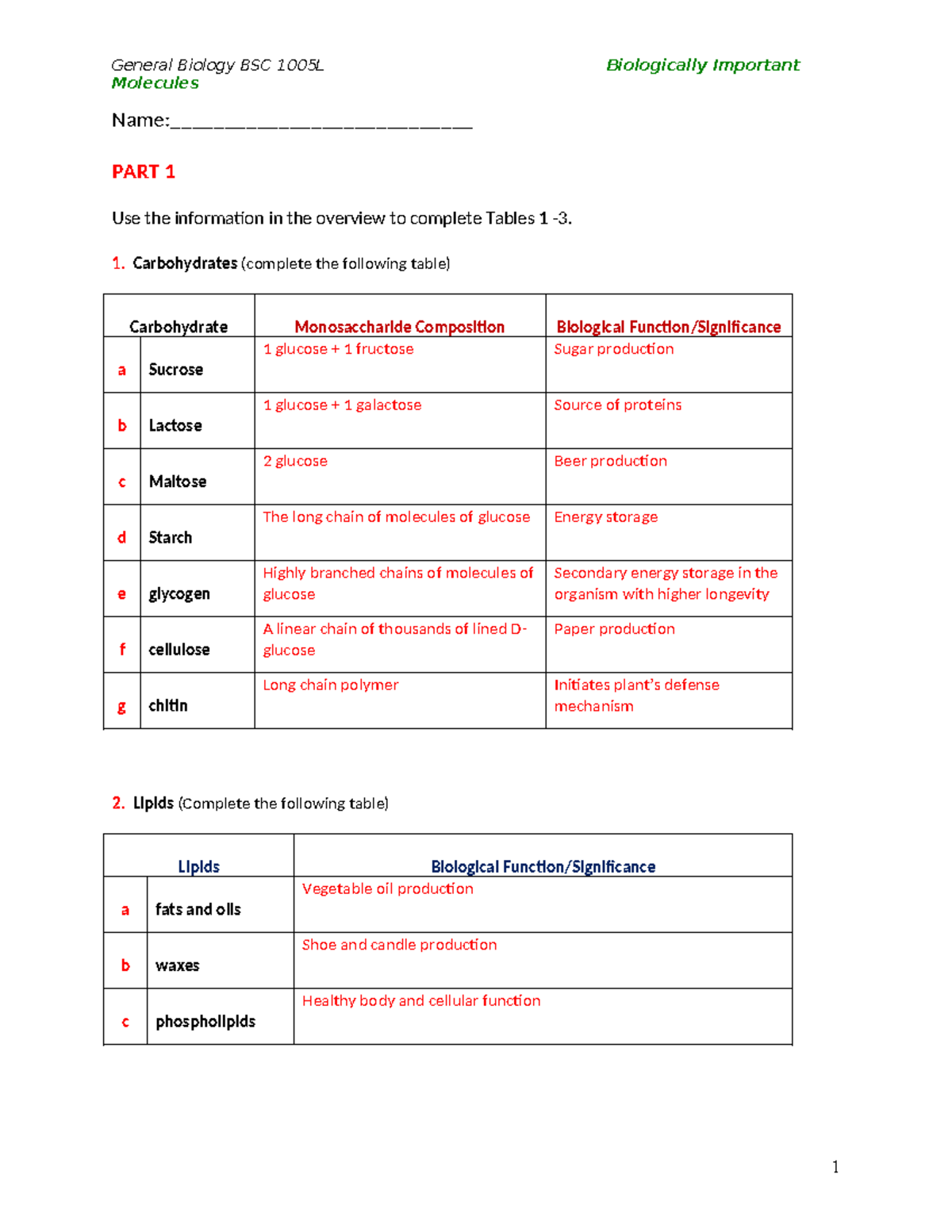 General Biology BSC 1005L Molecules & Nutrition Worksheet - Studocu