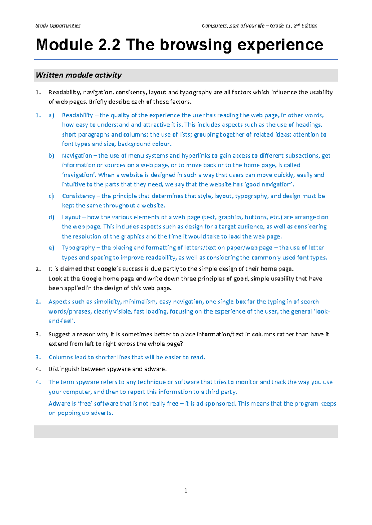 Grade 11 Study Notes: Module 2.2 Browsing Experience Summary - Studocu